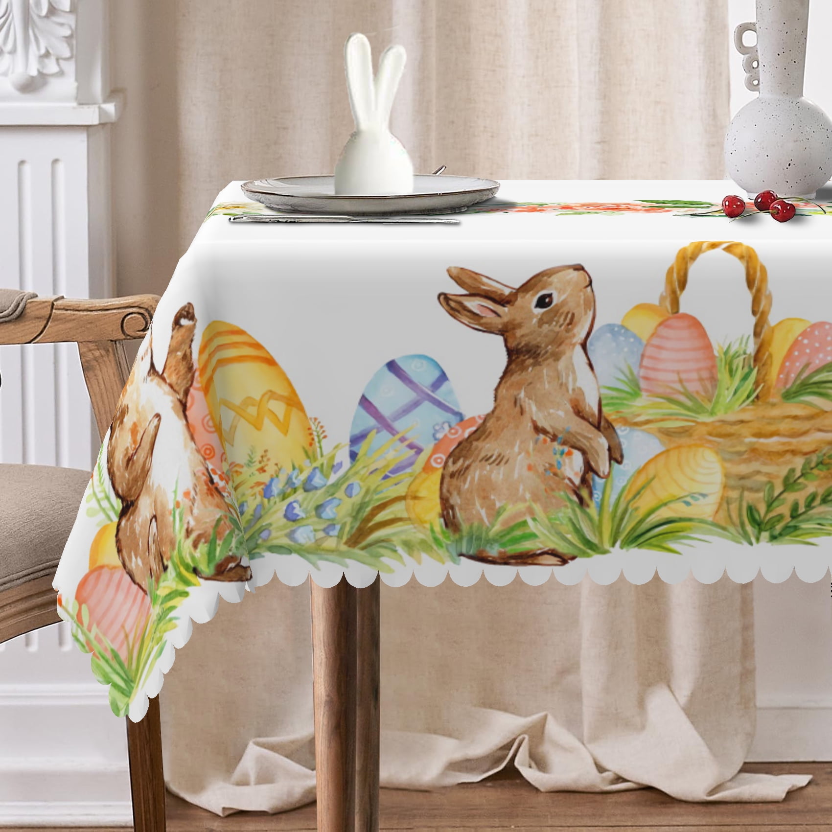 Mizhona Easter Cute Bunny Rectange Tablecloth Color Eggs Table Cloth for Dinning,Kitchen,Party ...