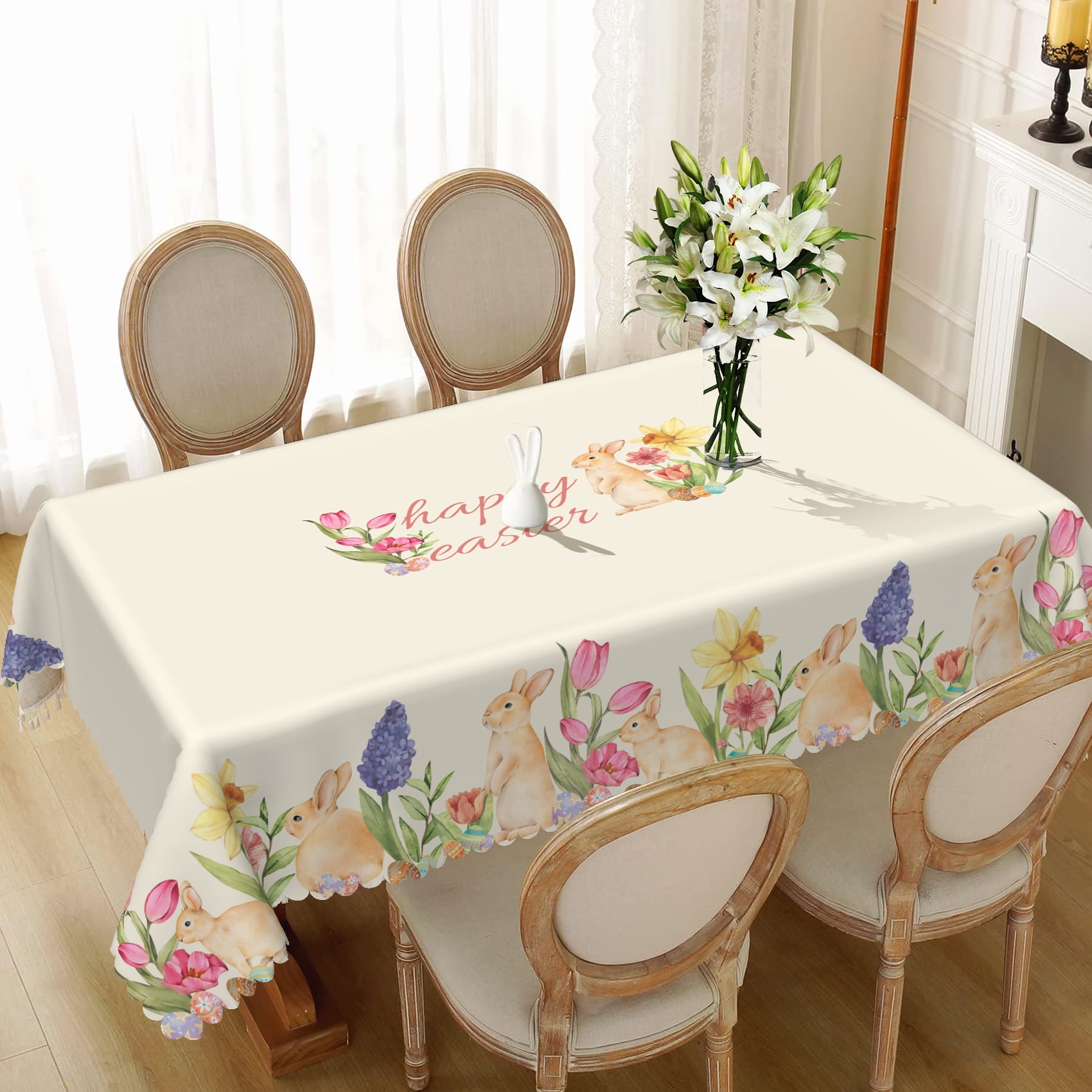 Mizhona Easter Rectange Tablecloth Bunny with Floral Table Cloth for ...