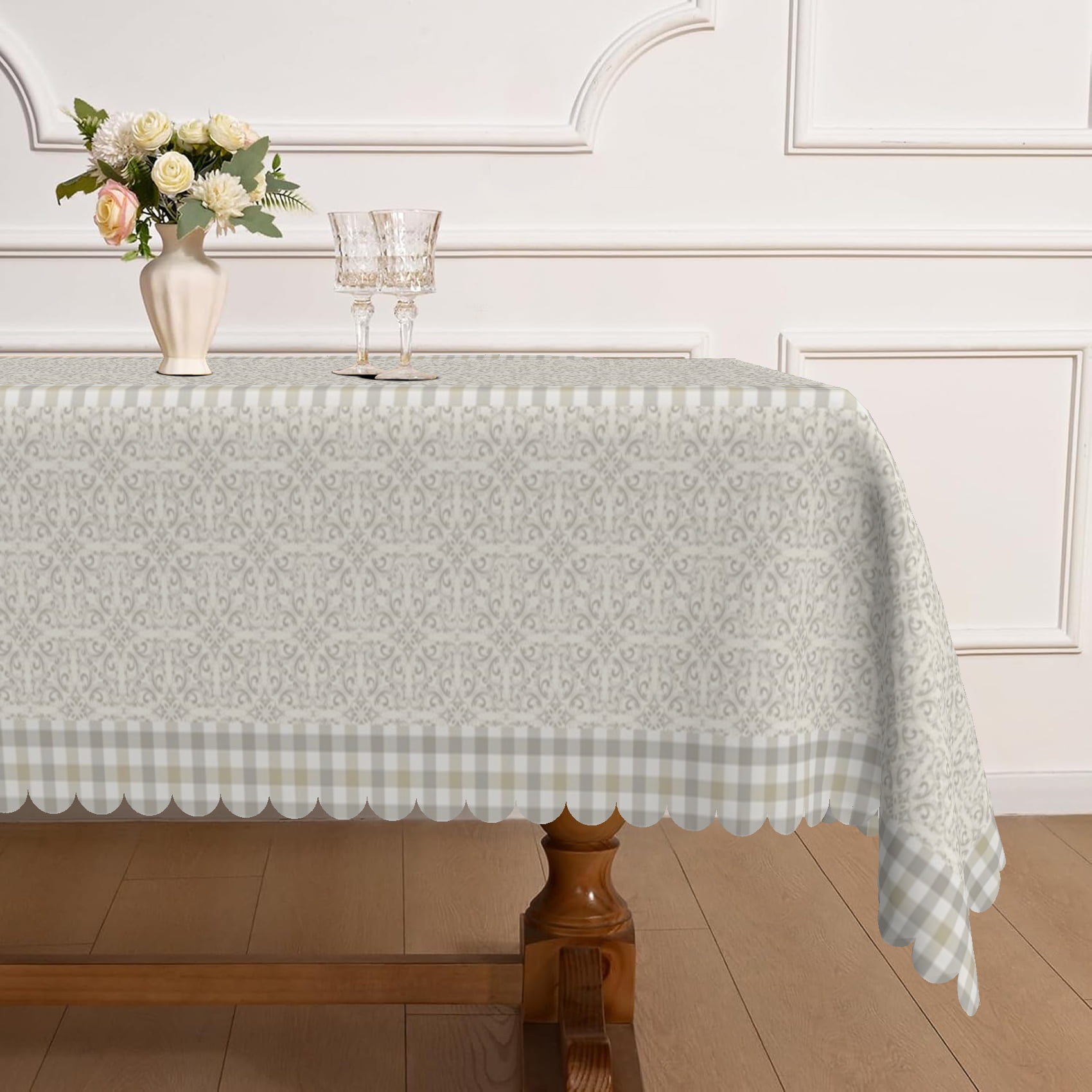 Mizhona Gray Plaided Tablecloth Rectangle,Minimalist Flower Pattern ...