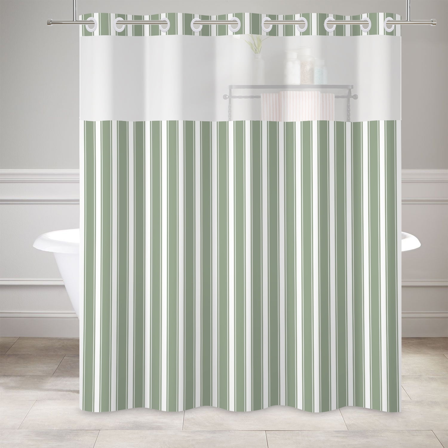 Mizhona Green and White Striped Hookless Shower Curtain with Snap in Liner,No Hooks Shower ...