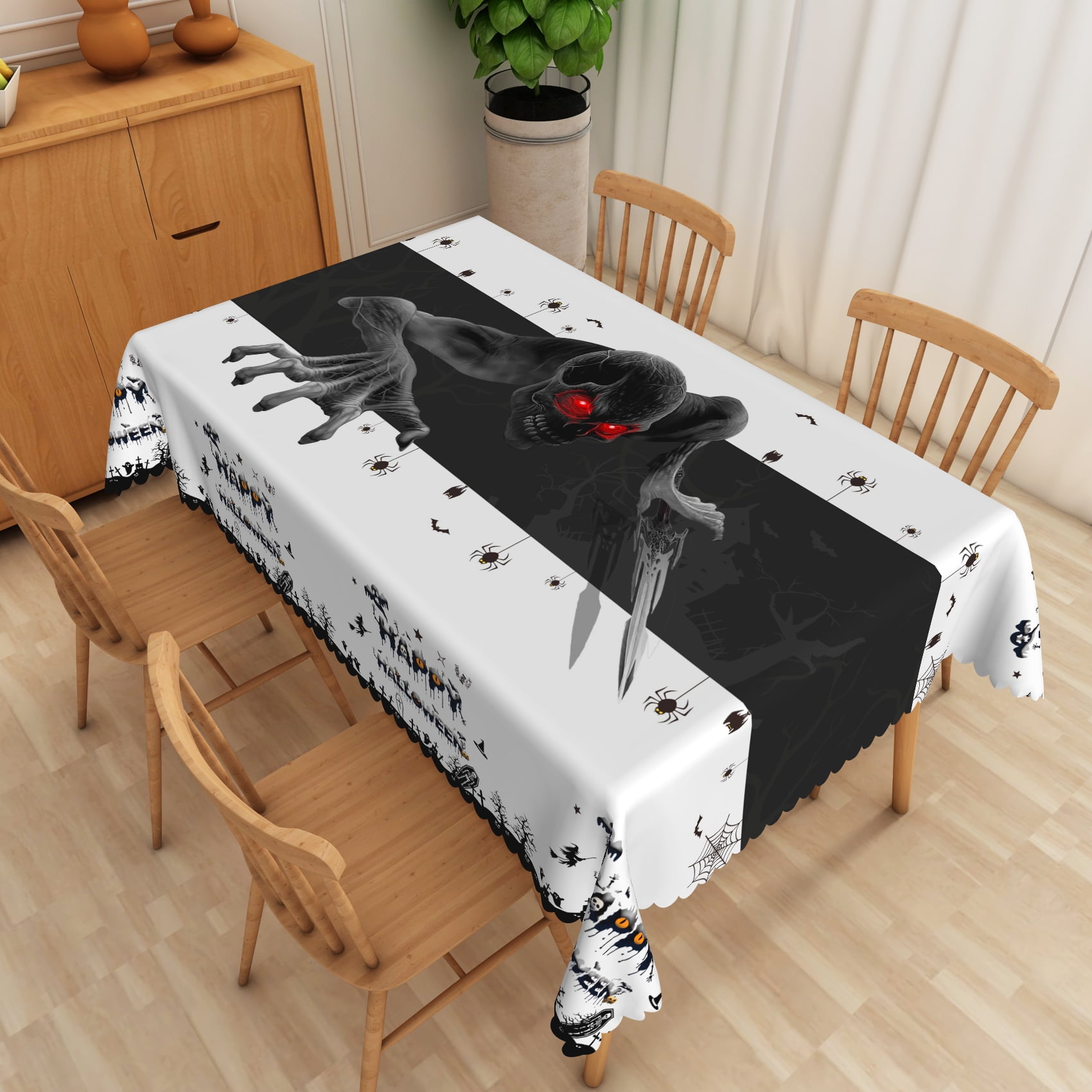 Mizhona Halloween Rectangle Tablecloth Black Ghost Spiders on White ...