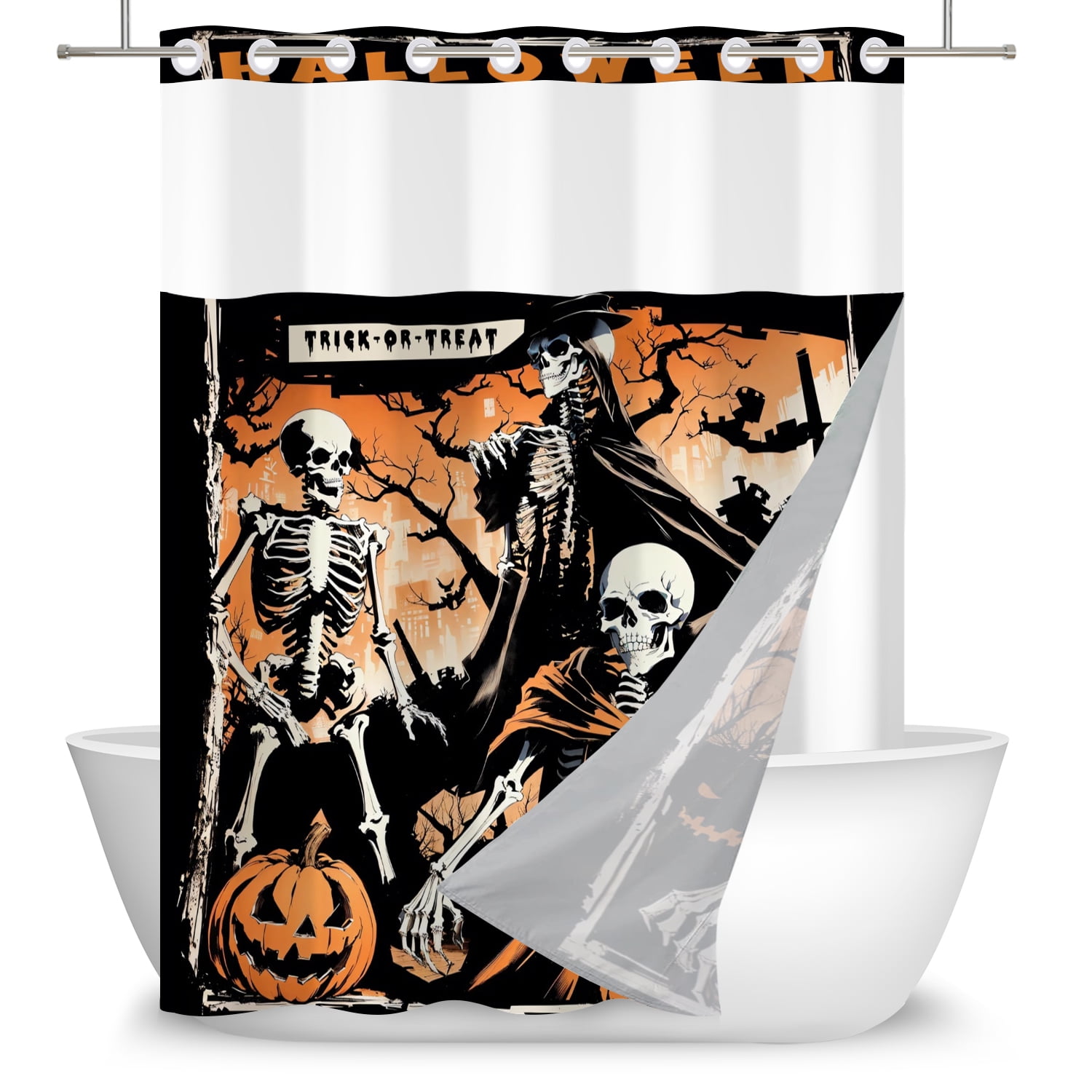 Mizhona Halloween Skeletons No Hooks Shower Curtains with Snap in Liner ...