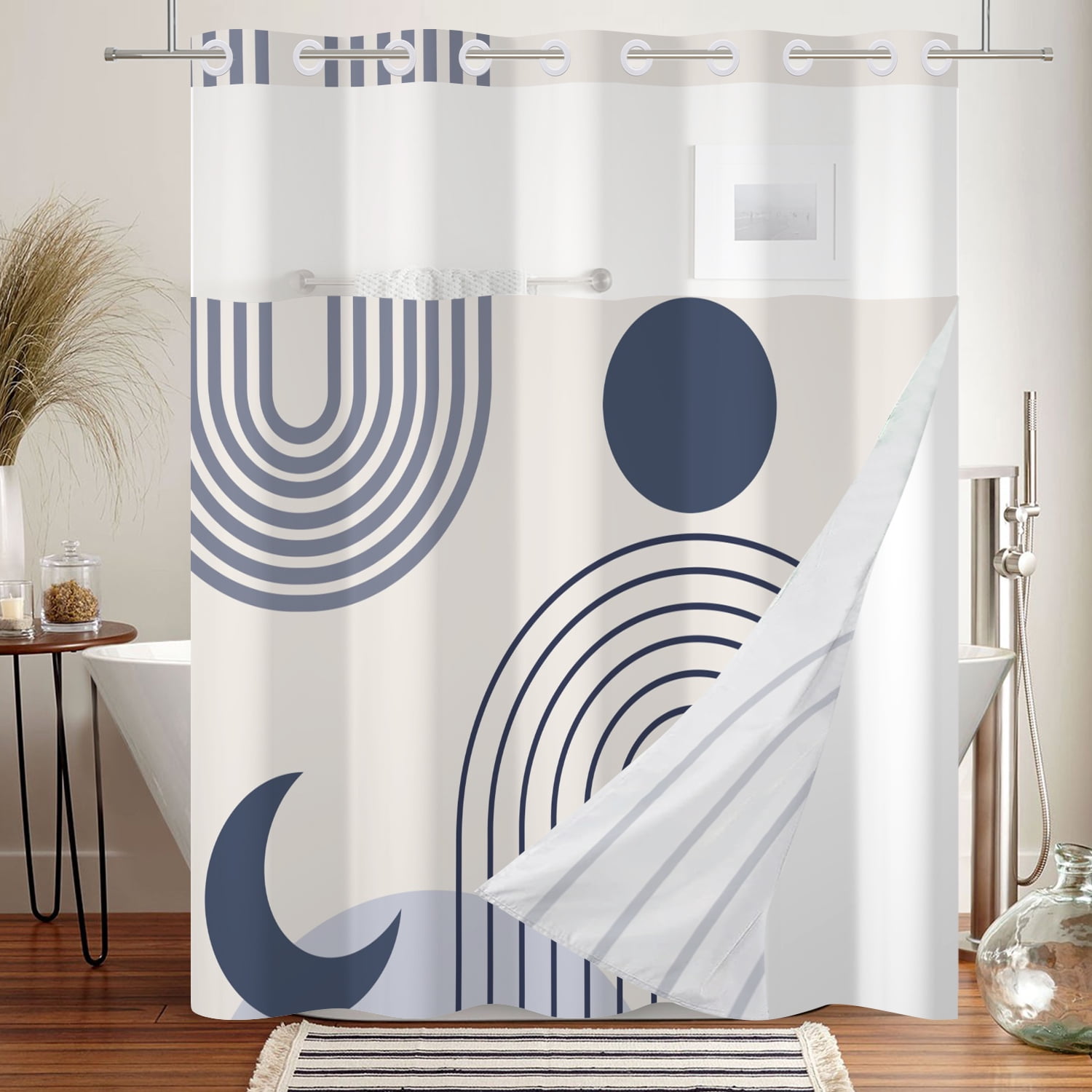 Mizhona Mid-Century No Hooks Shower Curtains with Snap in Liner Minimalist Abstract Sun and Mon ...
