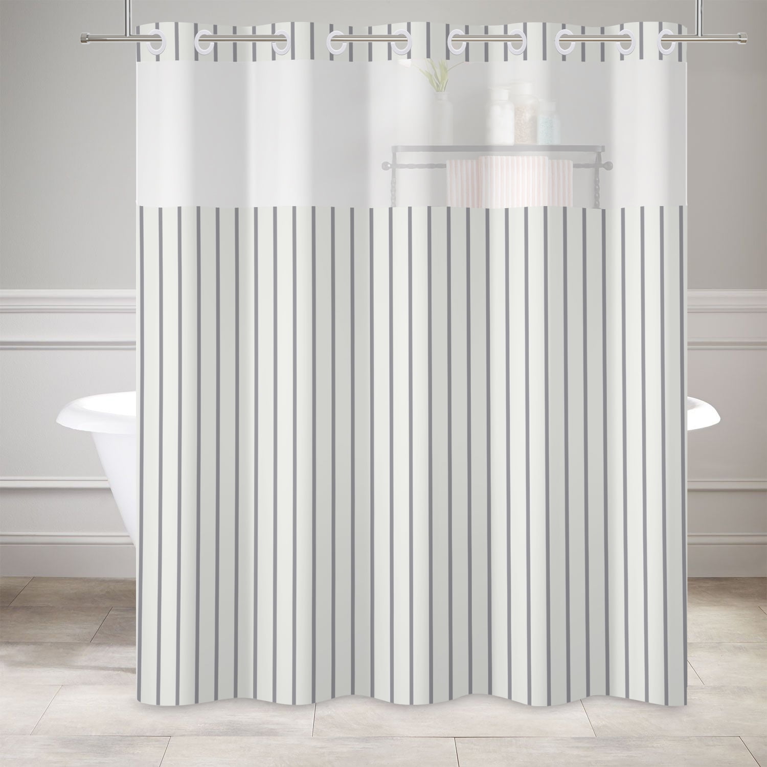 Mizhona Modern Minimalist No Hooks Shower Curtains with Snap in Liner White and Grey Stripes ...