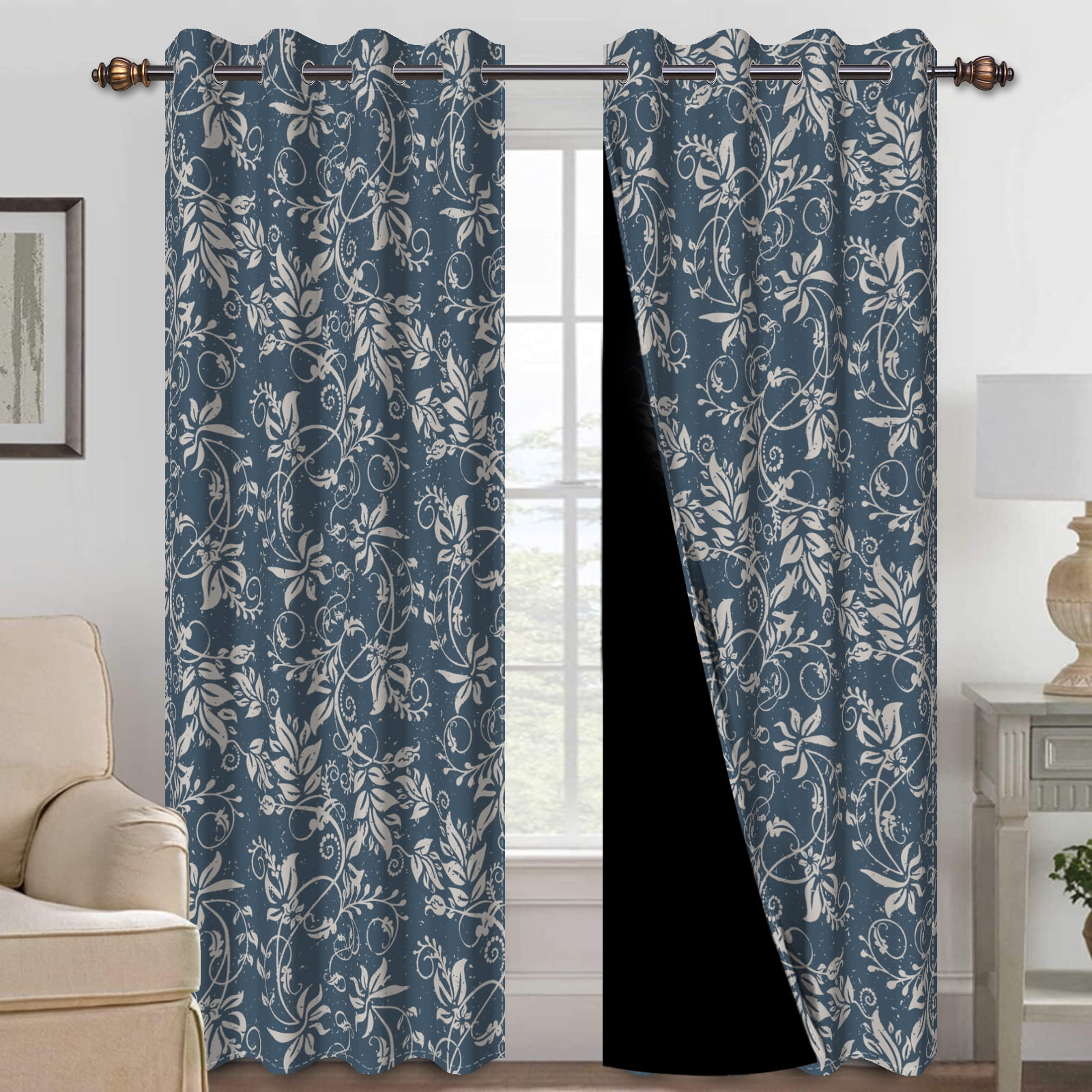 Mizhona Navy Blue Blackout Curtains for Bedroom,Boho Floral Printed ...
