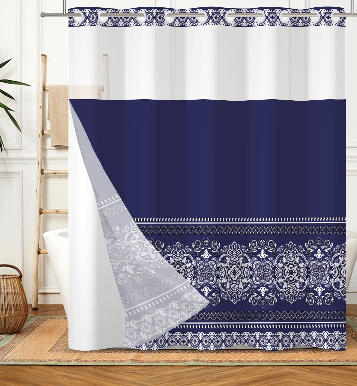 Mizhona Navy Blue Geometric No Hooks Shower Curtains with Snap in Liner Boho Ethnic Hookless ...