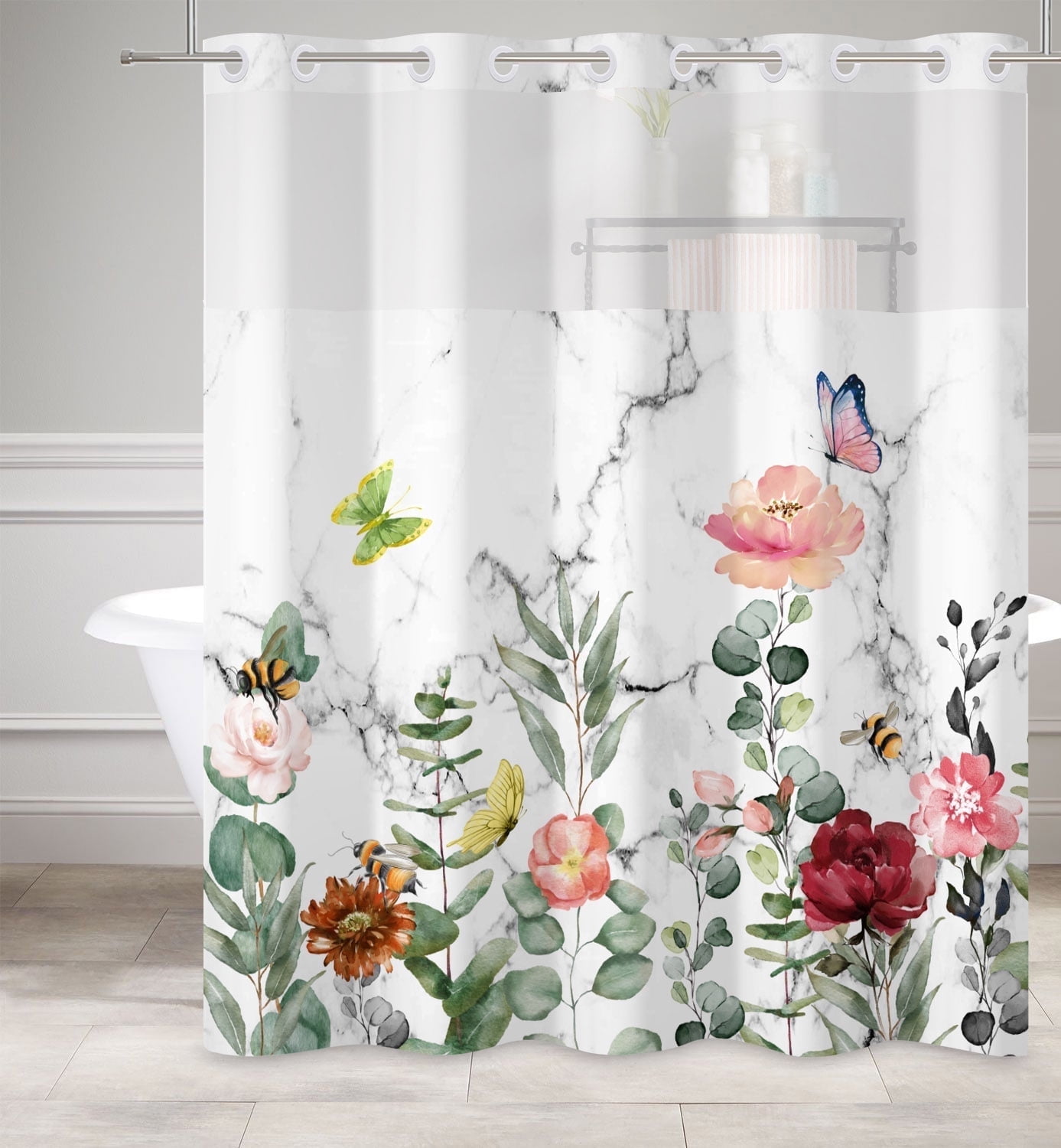 MIZHONA Spring Shower Curtain No Hook, Floral Fabric Bathroom Curtain ...