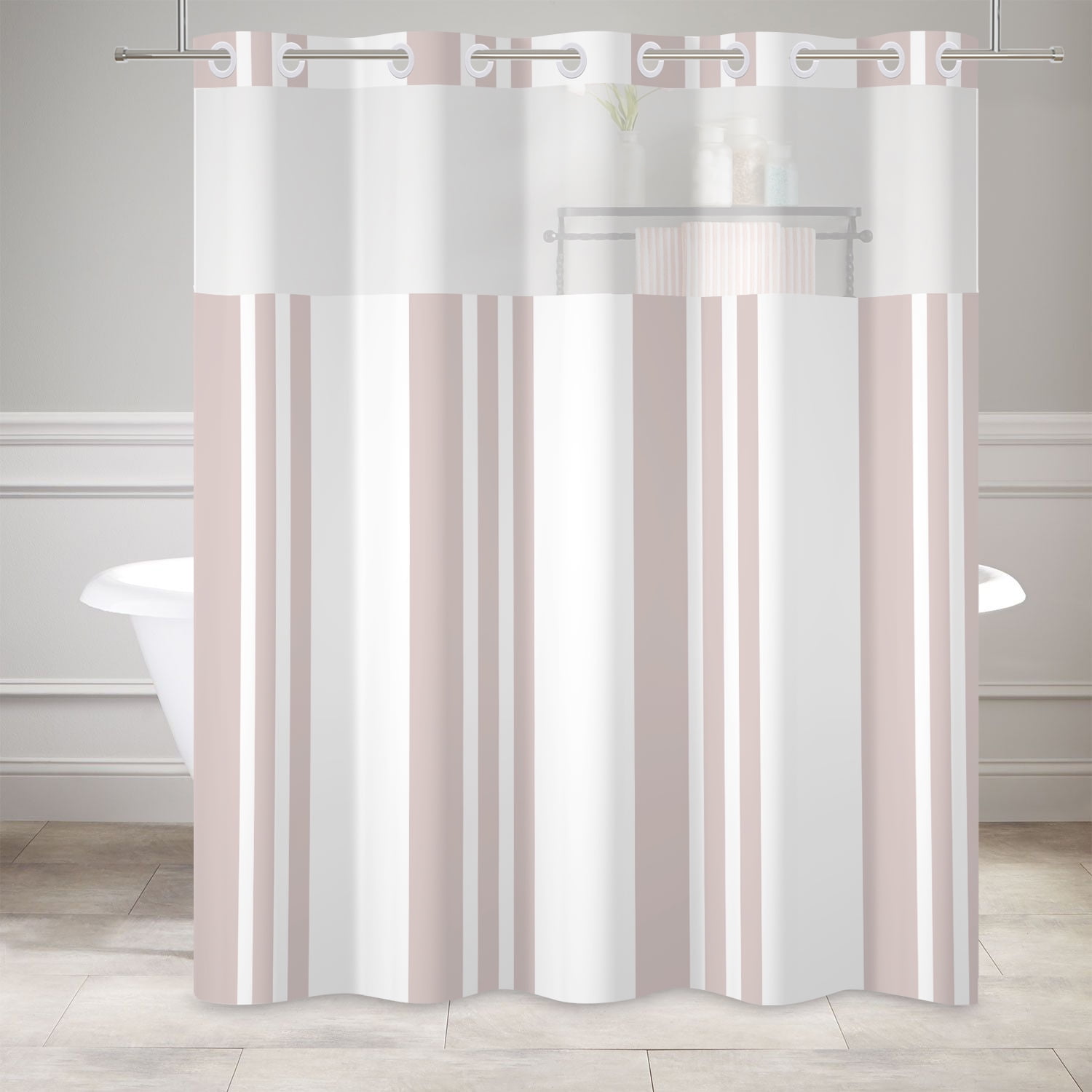 Mizhona Pink Stripes No Hooks Shower Curtains with Snap in Liner Pink and White Stripes Hookless ...