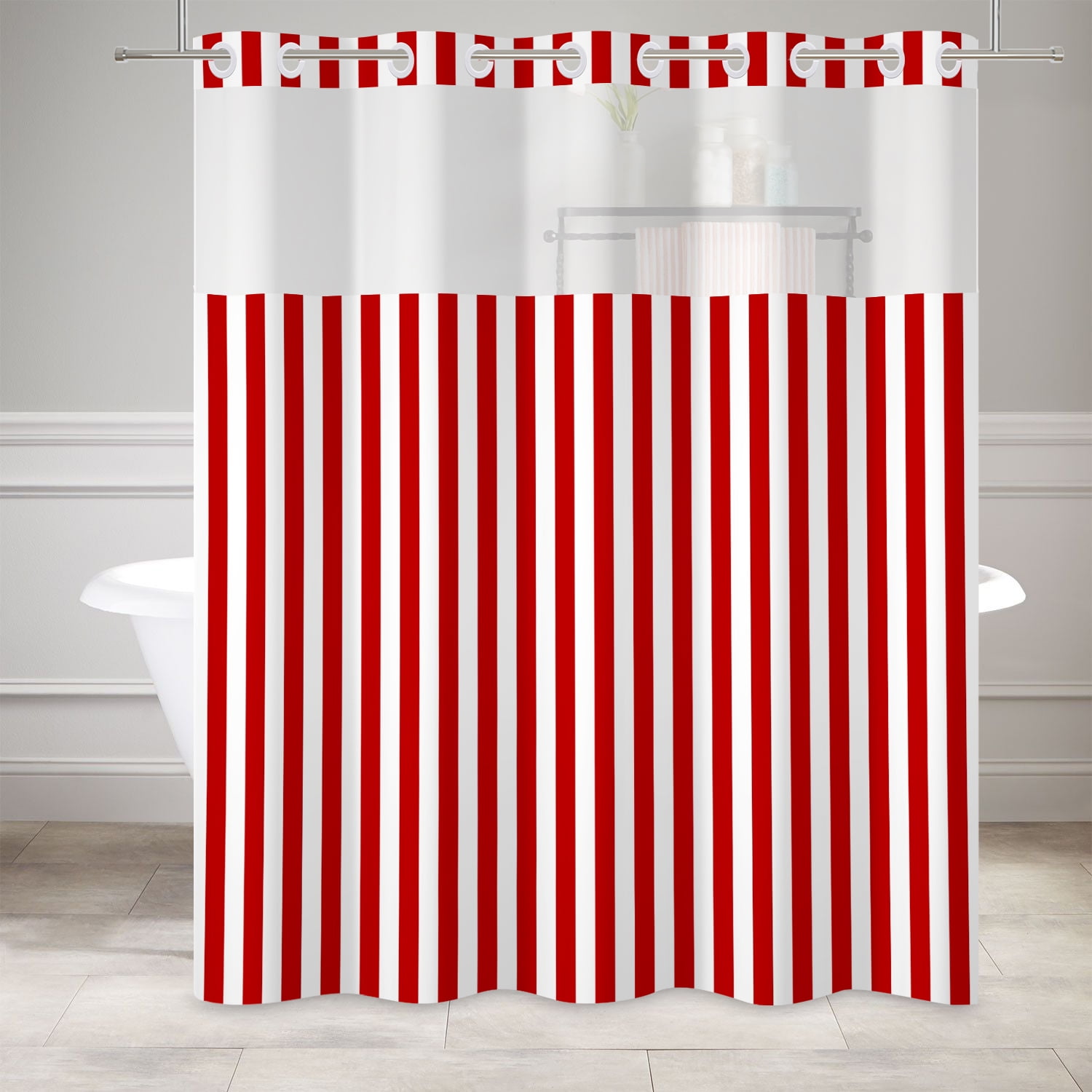 Mizhona Red and White Striped Hookless Shower Curtain with Snap in Liner,No Hooks Shower Curtain ...