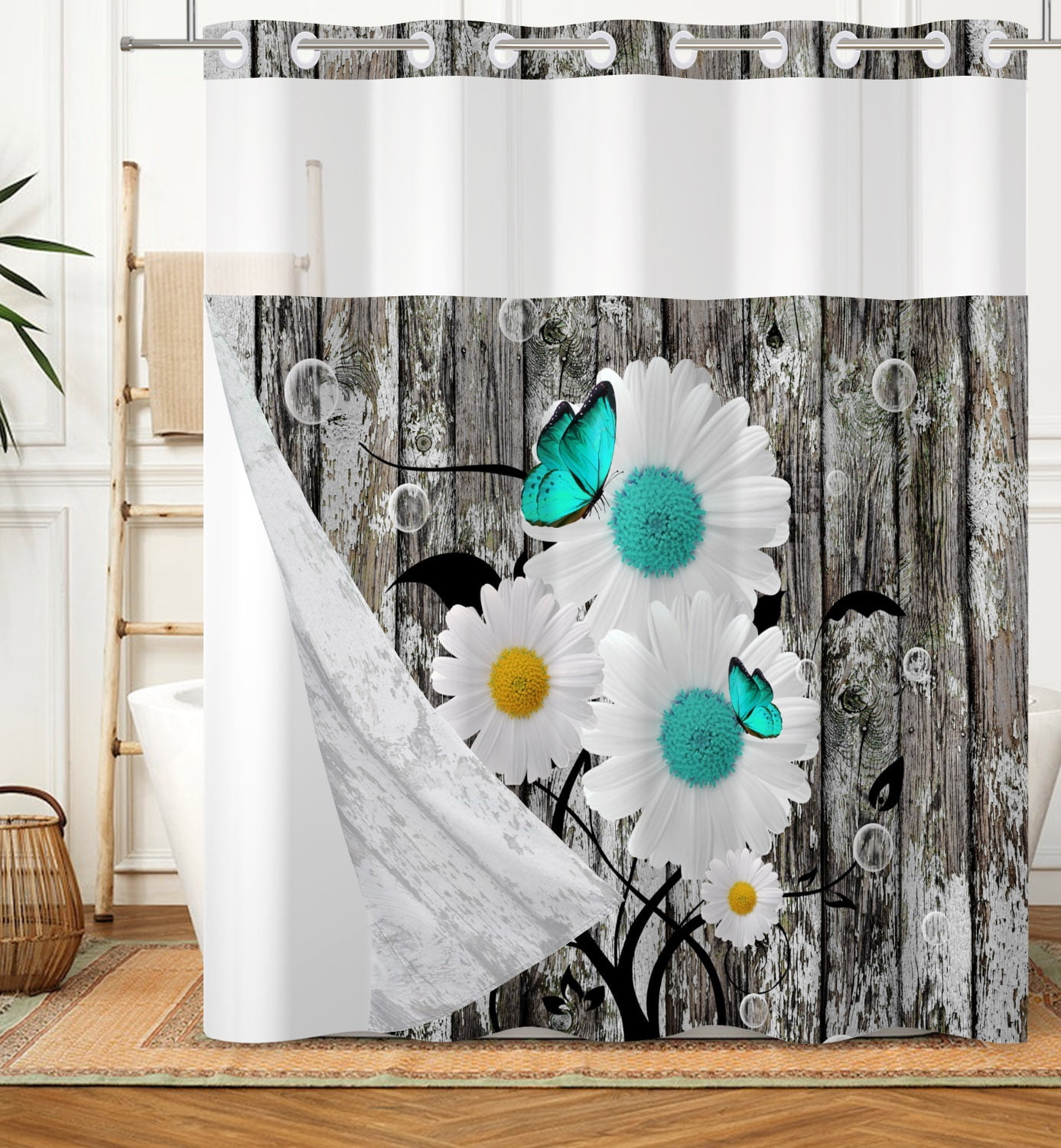 Mizhona Rustic Floral No Hooks Shower Curtains with Snap in Liner ...