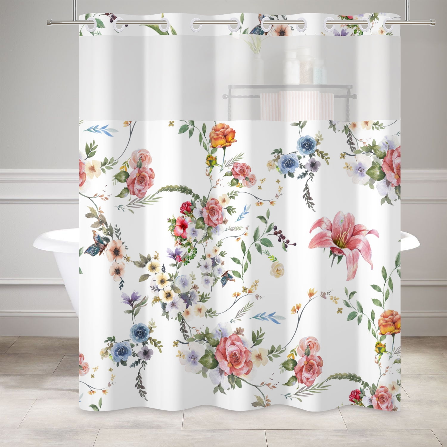 Mizhona Rustic Pink and Blue Floral No Hooks Shower Curtains with Snap in Liner Farmhouse Peony ...