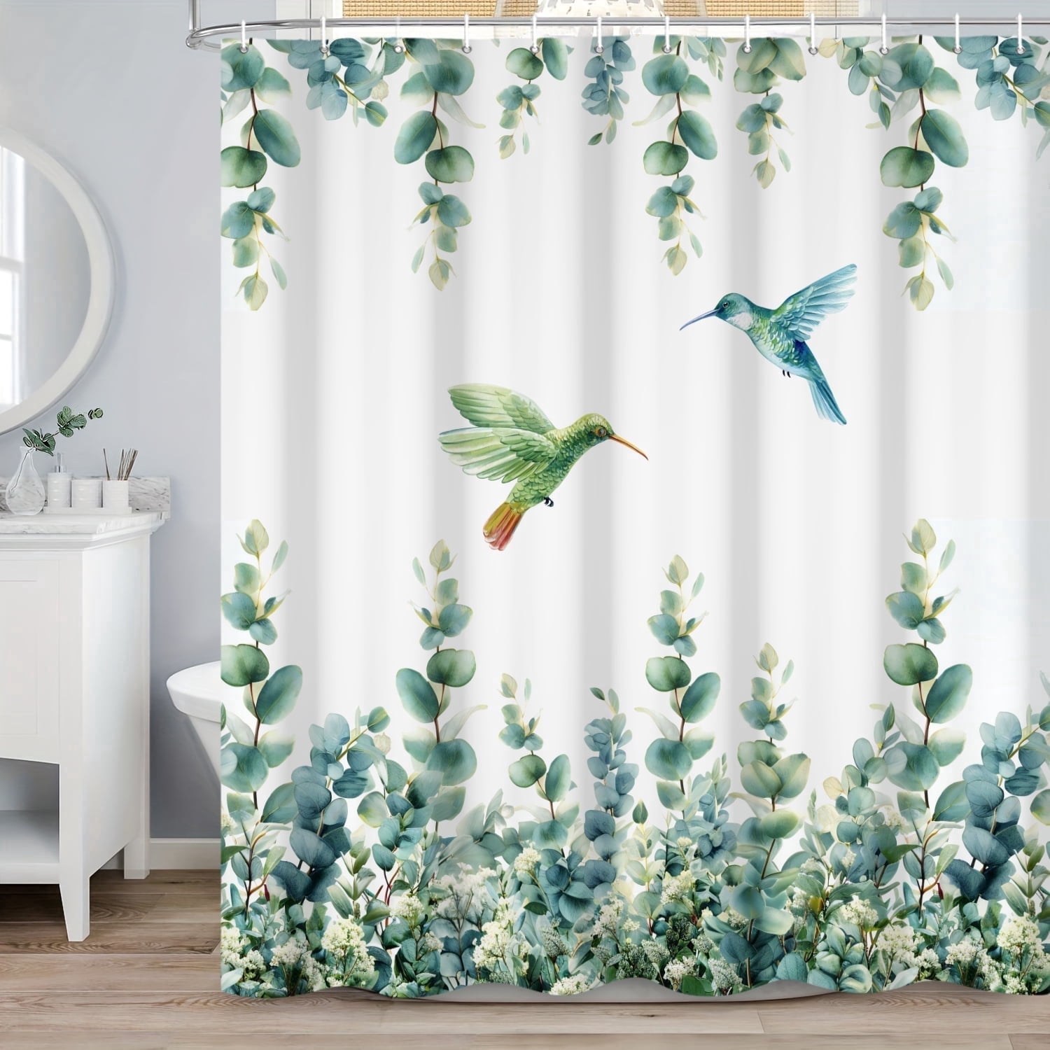 MIZHONA Spring Birds Shower Curtain Eucalyptus Leaves and Hummingbirds ...