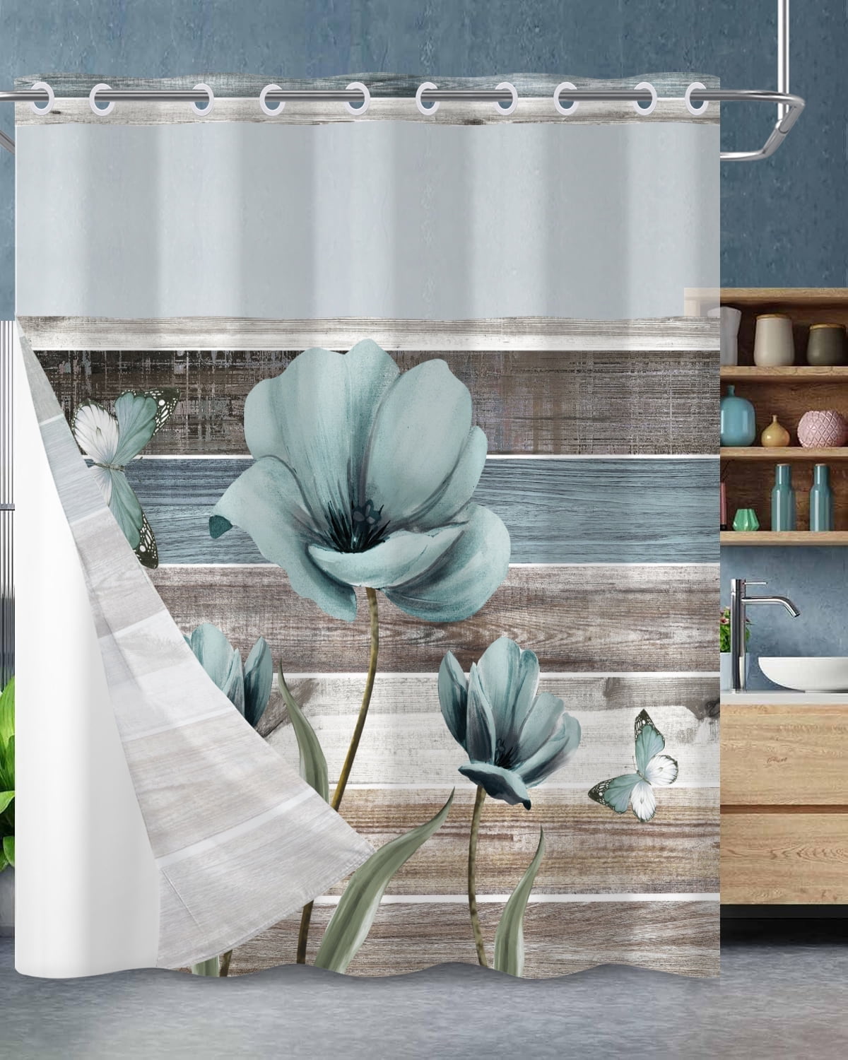 Mizhona Shower Curtain with Liner Farmhouse Blue No Hook Bathroom Curtains,Fabric 71"x 74 ...