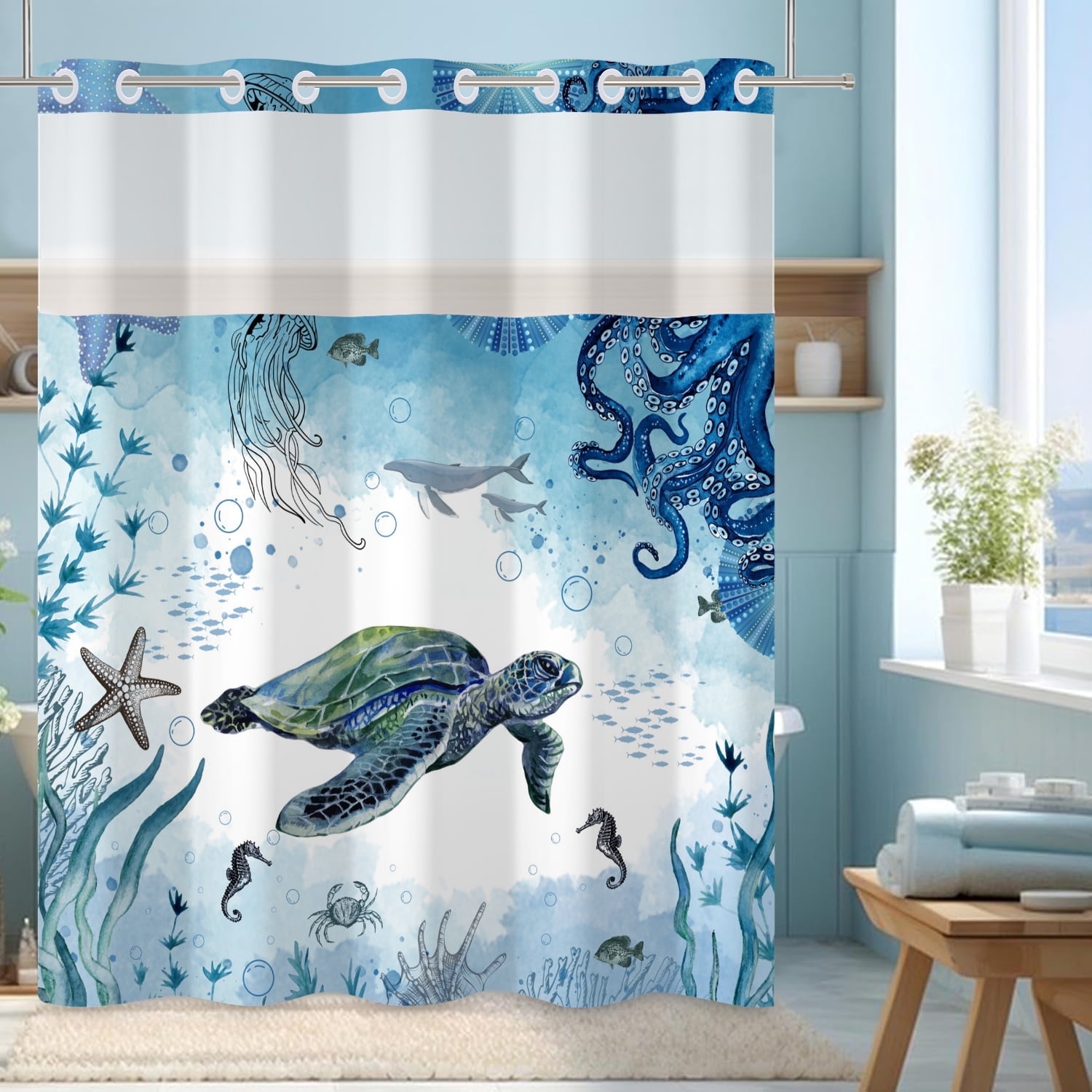 Mizhona Teal Blue Shower Curtain with Liner Nautical Octopus Ocean No Hook Fabric Bathroom ...