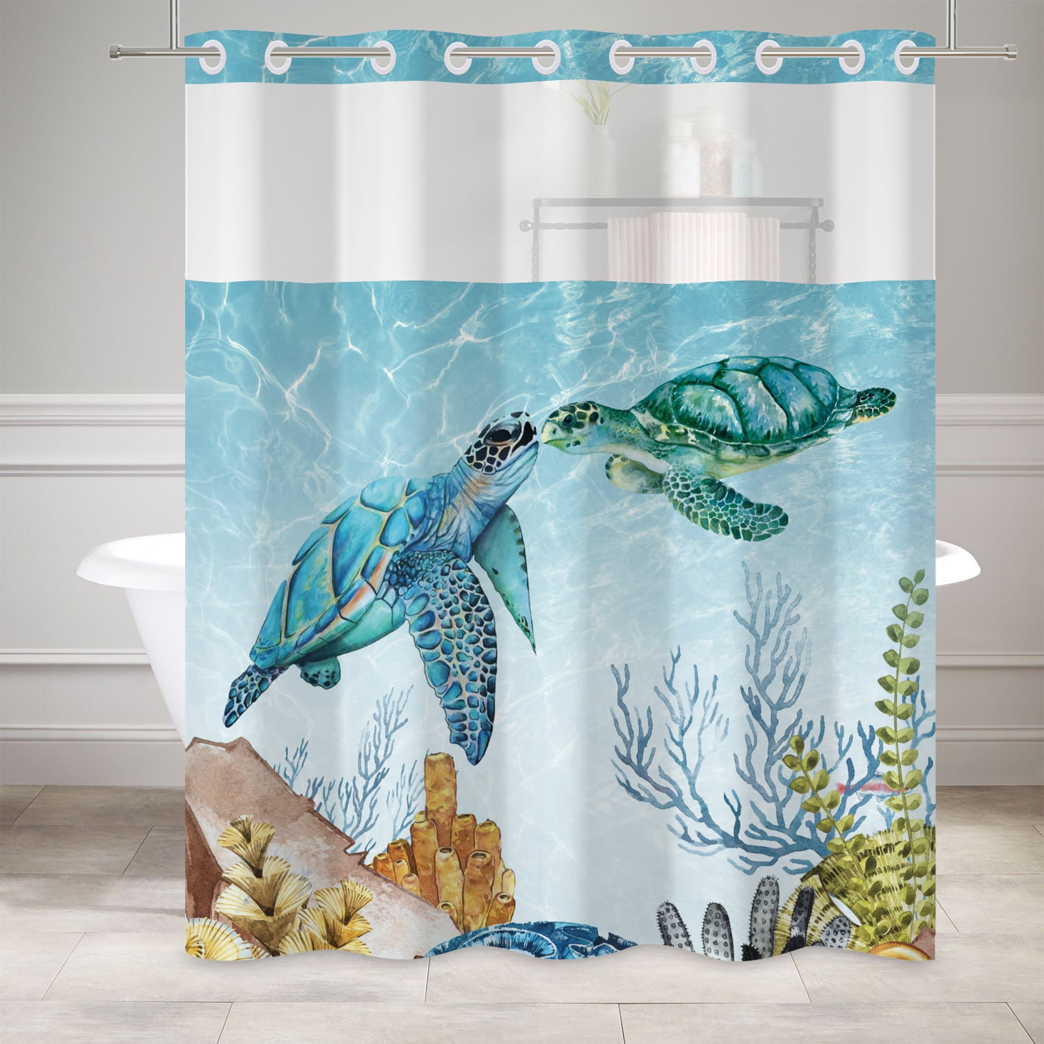 Mizhona Teal Green Sea Turtles Hookless Shower Curtain with Snap in ...