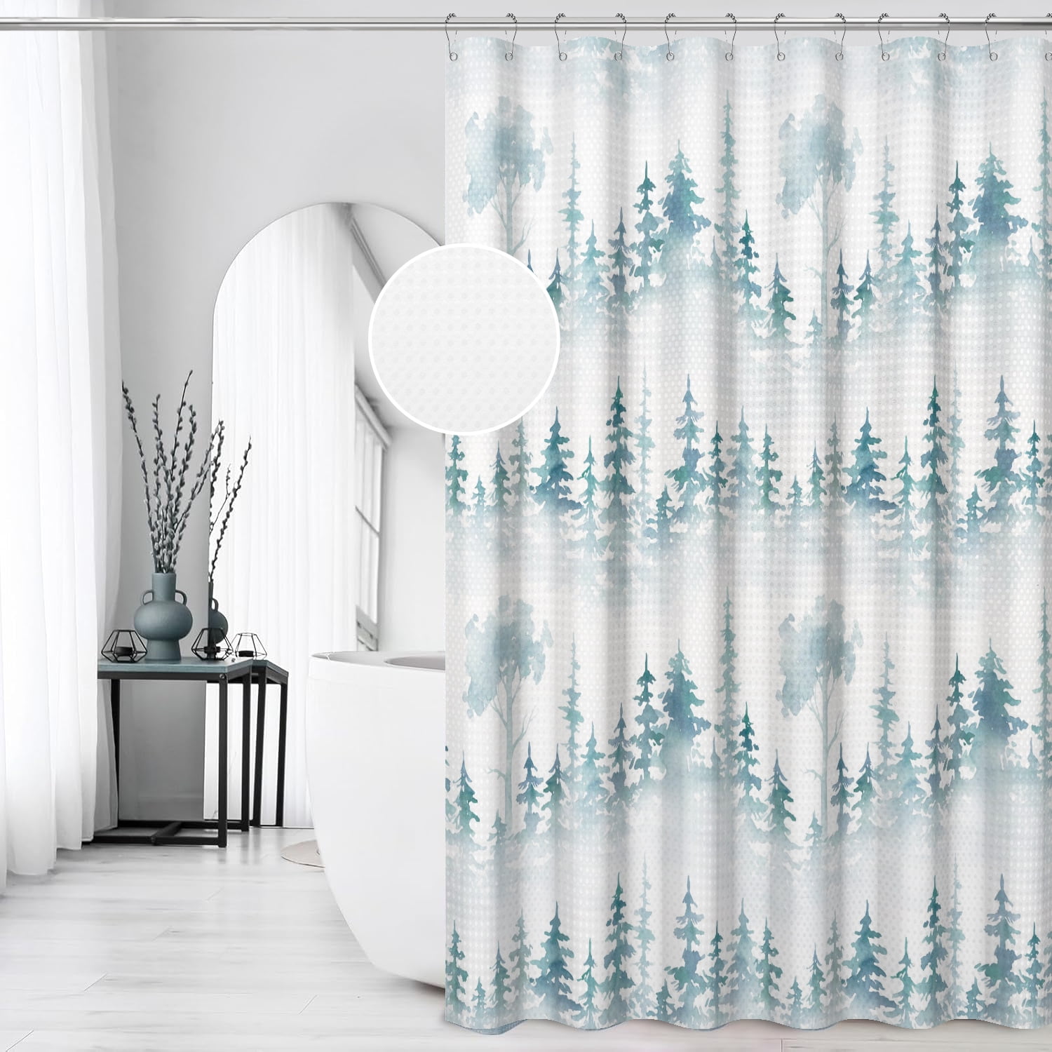 Mizhona Teal Green Waffle Shower Curtain,Forest Botanical Shower ...