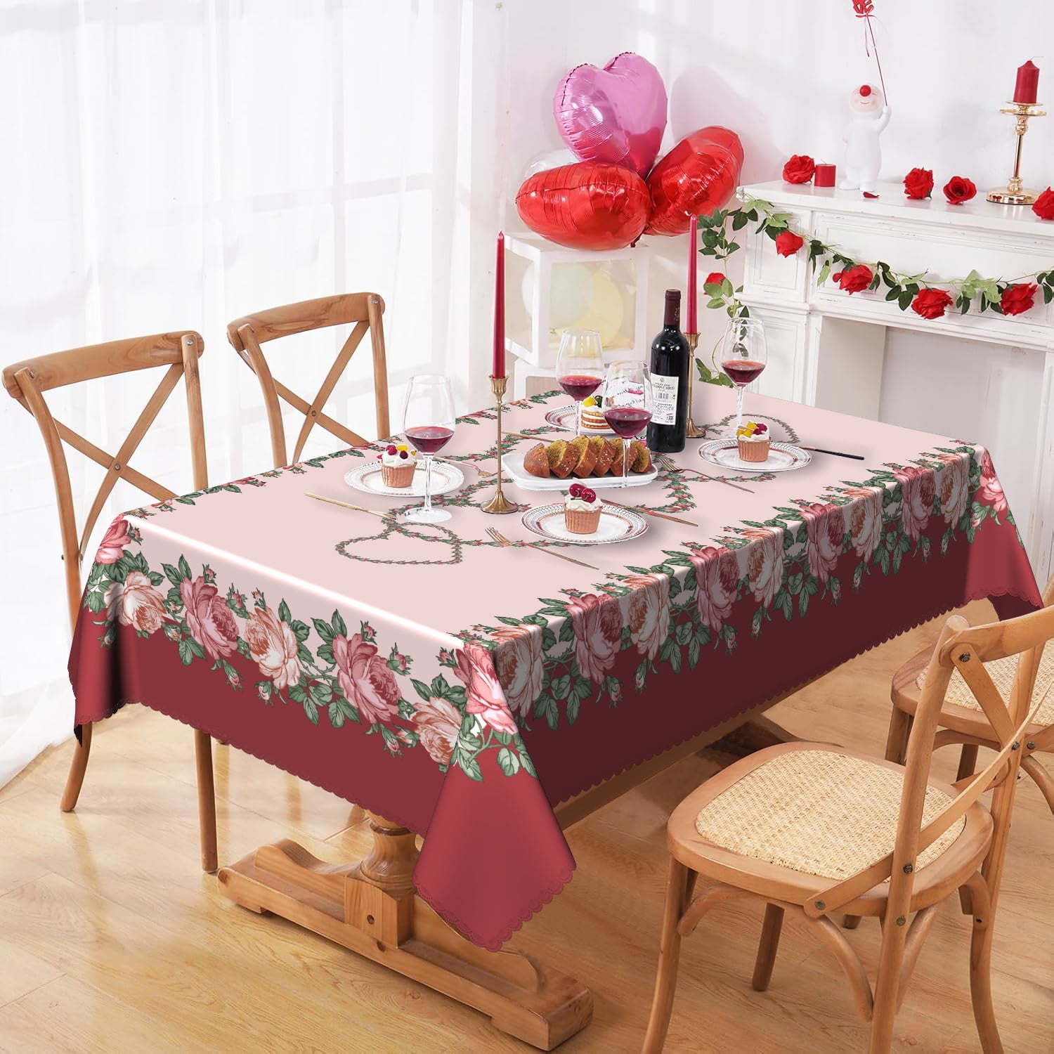 Mizhona Valentine Rectangle Tablecloth Pink Rose Dining Table Cloth ...