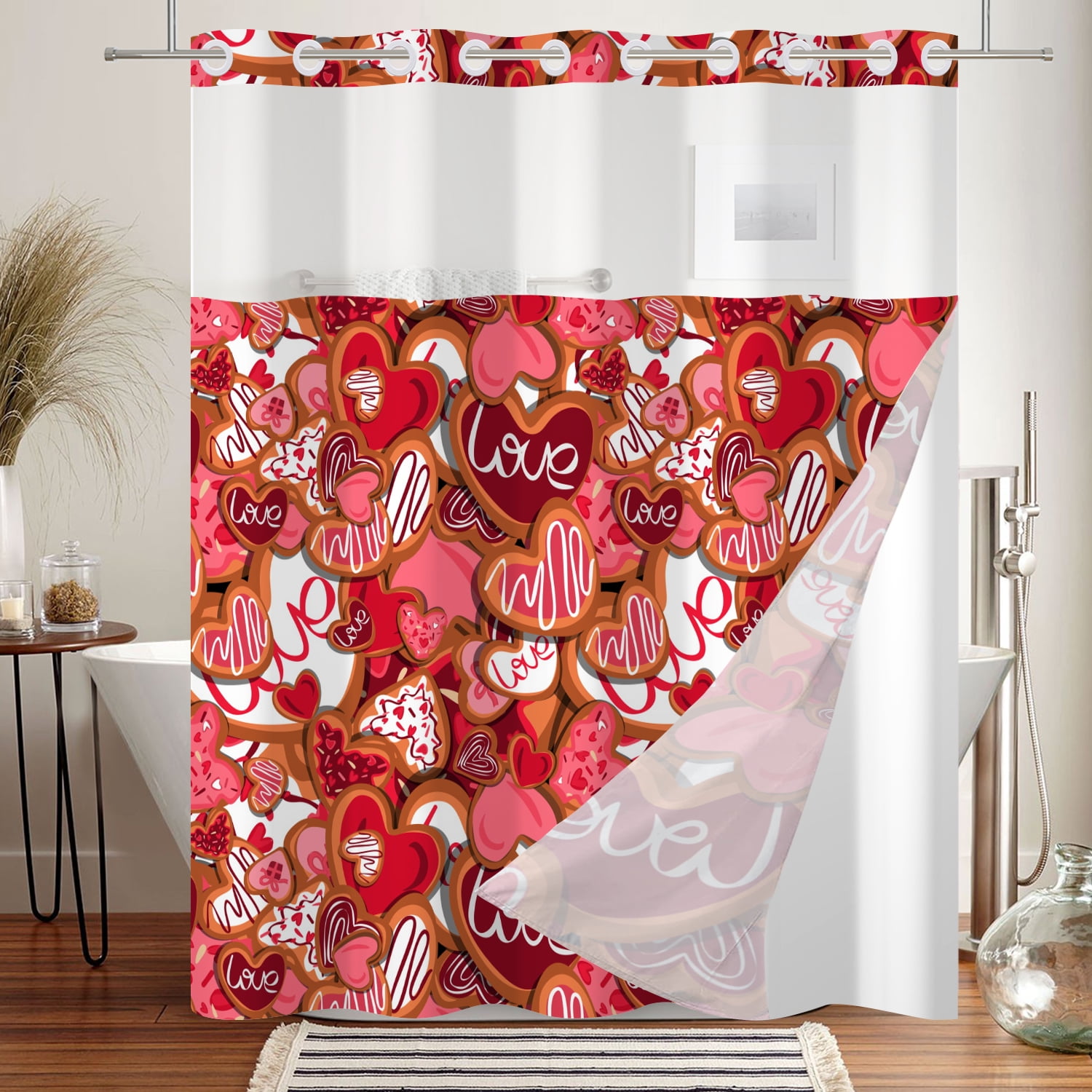 MIZHONA Valentine's Day No Hooks Shower Curtains with Snap in Liner ...