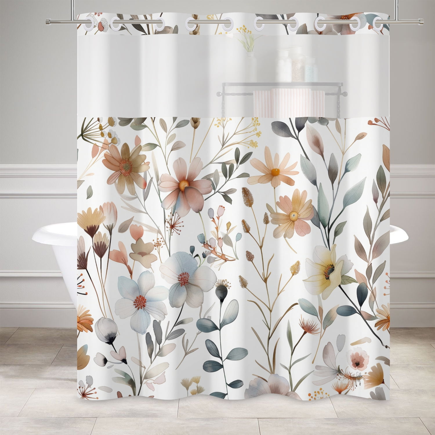 Mizhona Vintage Blue Floral No Hooks Shower Curtains with Snap in Liner Colorful Plants Leaves ...