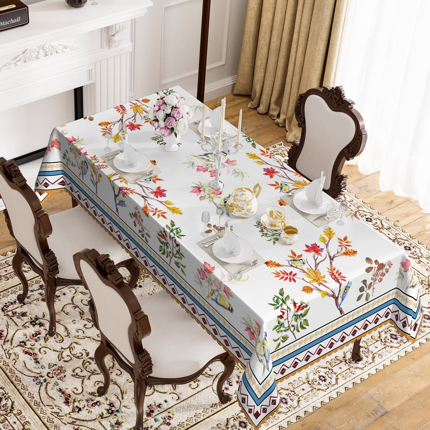 MIZHONA Bird Floral Rectangle Tablecloth for Table Vintage Plants Table ...