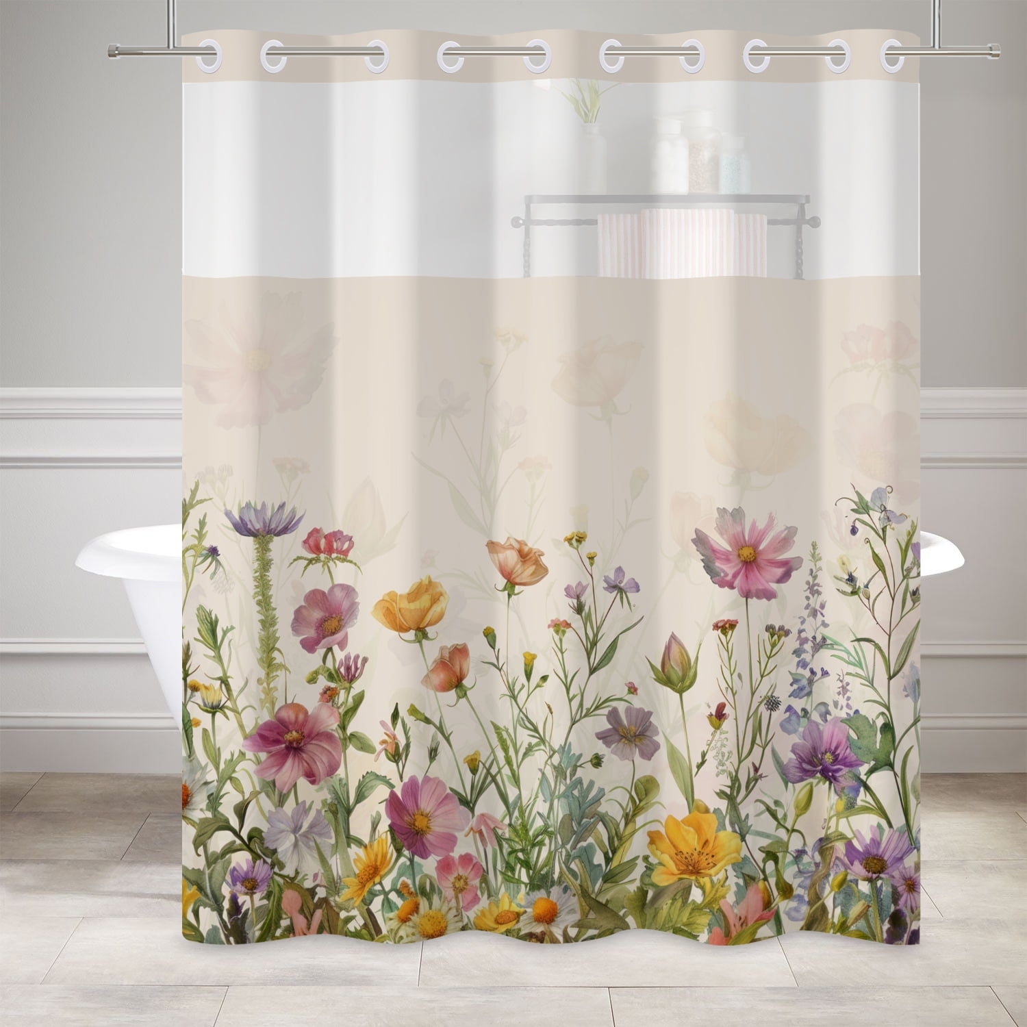 Mizhona Vintage Red Floral Hookless Shower Curtain with Snap in Liner ...