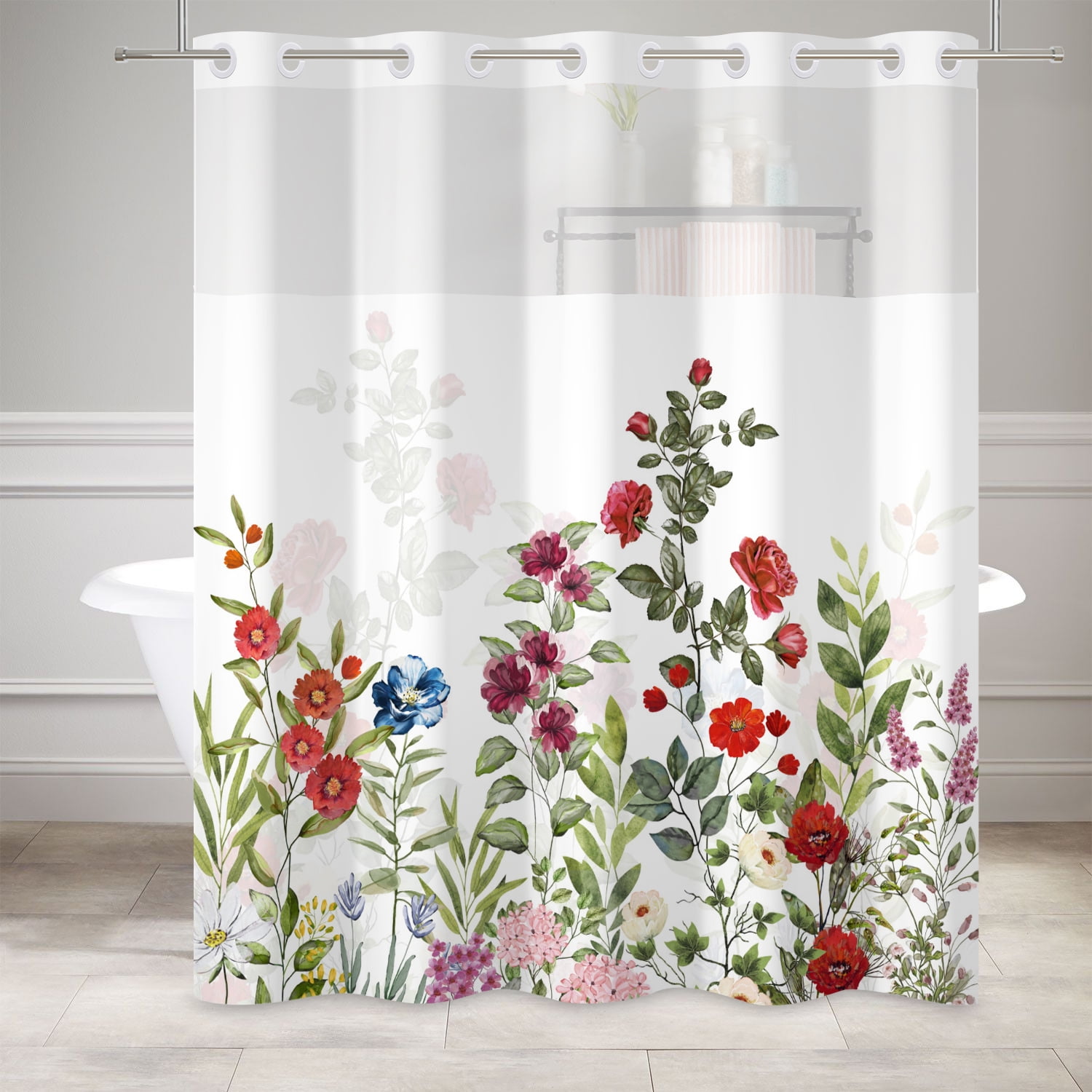 Mizhona Vintage Red Floral Hookless Shower Curtain with Snap in Liner ...