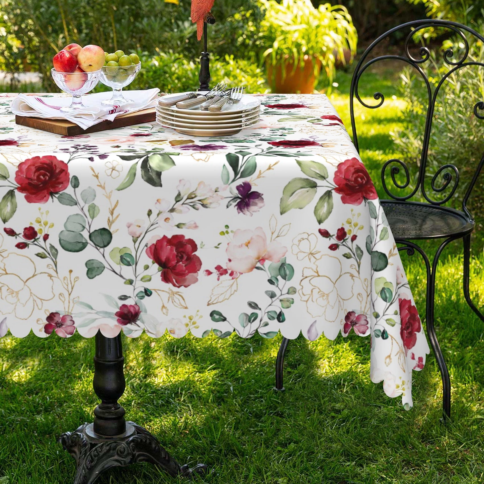 Mizhona Vintage Red Floral Rectangle Tablecloth for Table Rose and ...