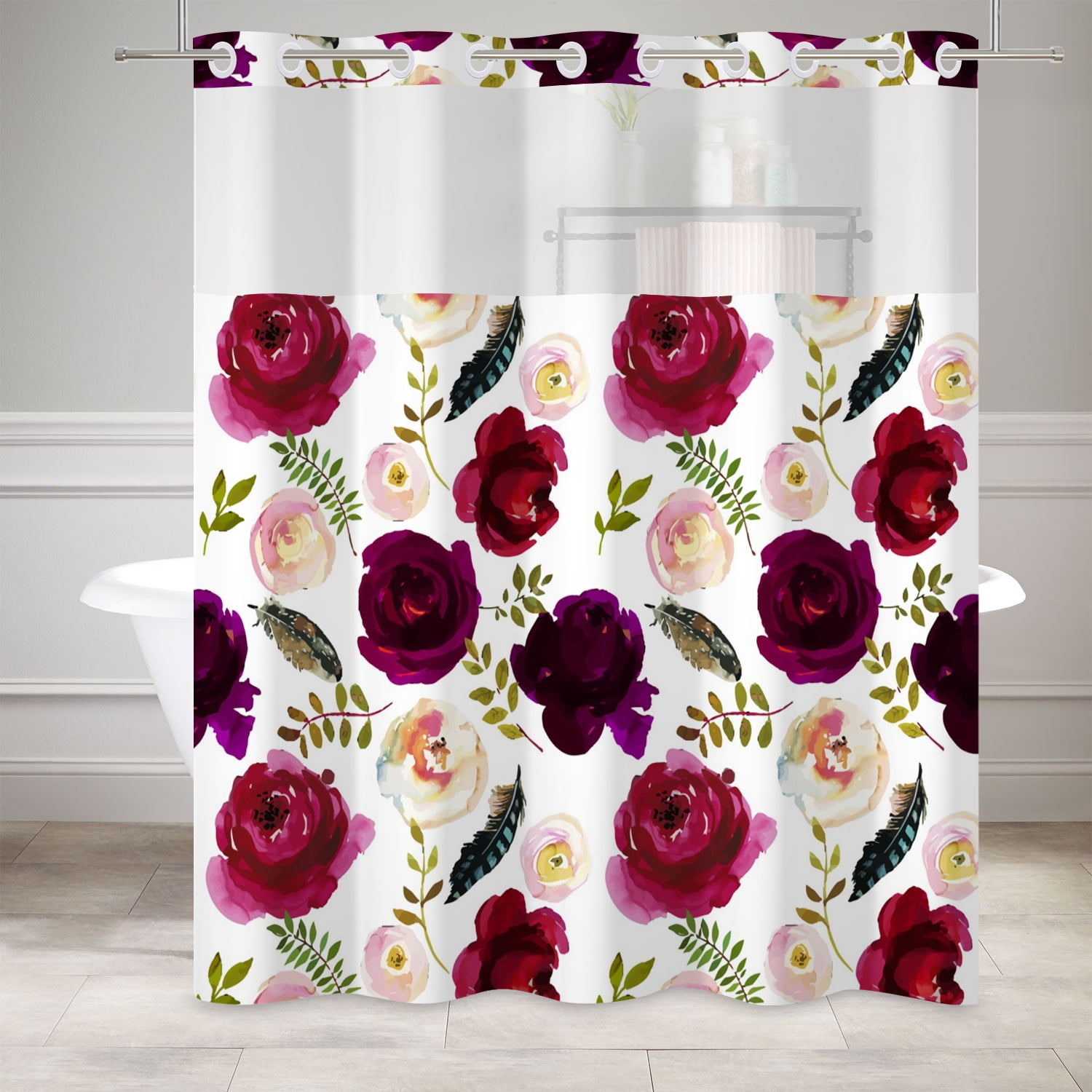 Mizhona Watercolor Floral Leaves No Hooks Shower Curtains with Snap in ...