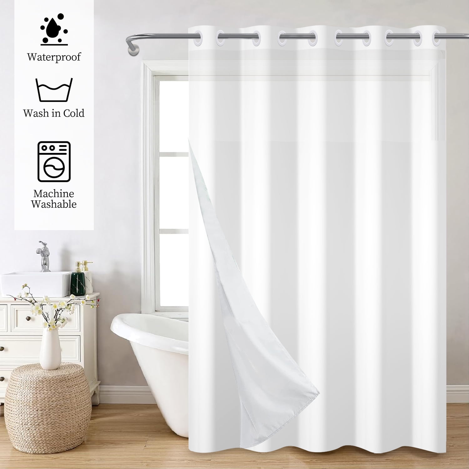 Mizhona White No Hooks Shower Curtains with Snap in Liner White Hookless Waterproof Fabric ...