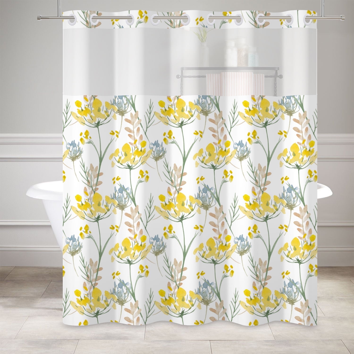 MIZHONA Yellow Shower Curtains for Bathroom, Spring Flower No Hook ...