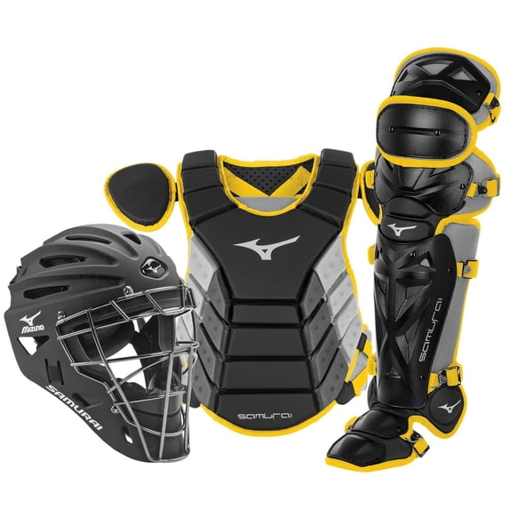 Mizuno Samurai Youth Baseball Catcher's Gear Set, 14 Inch, Black-Yellow ...