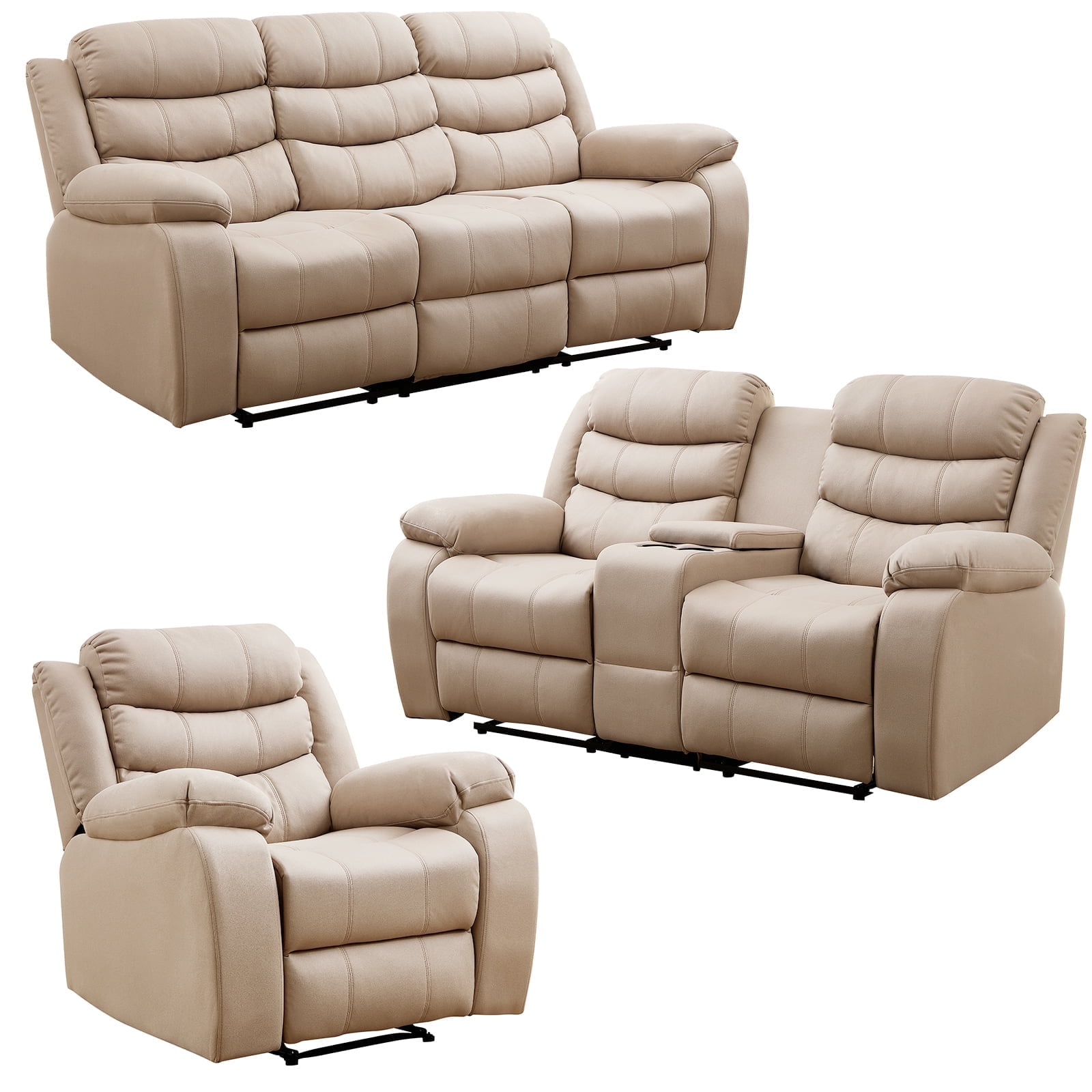Mjkone 3 Piece Recliner Sofa Set, Manual Recliner Sets with Cup Holders ...