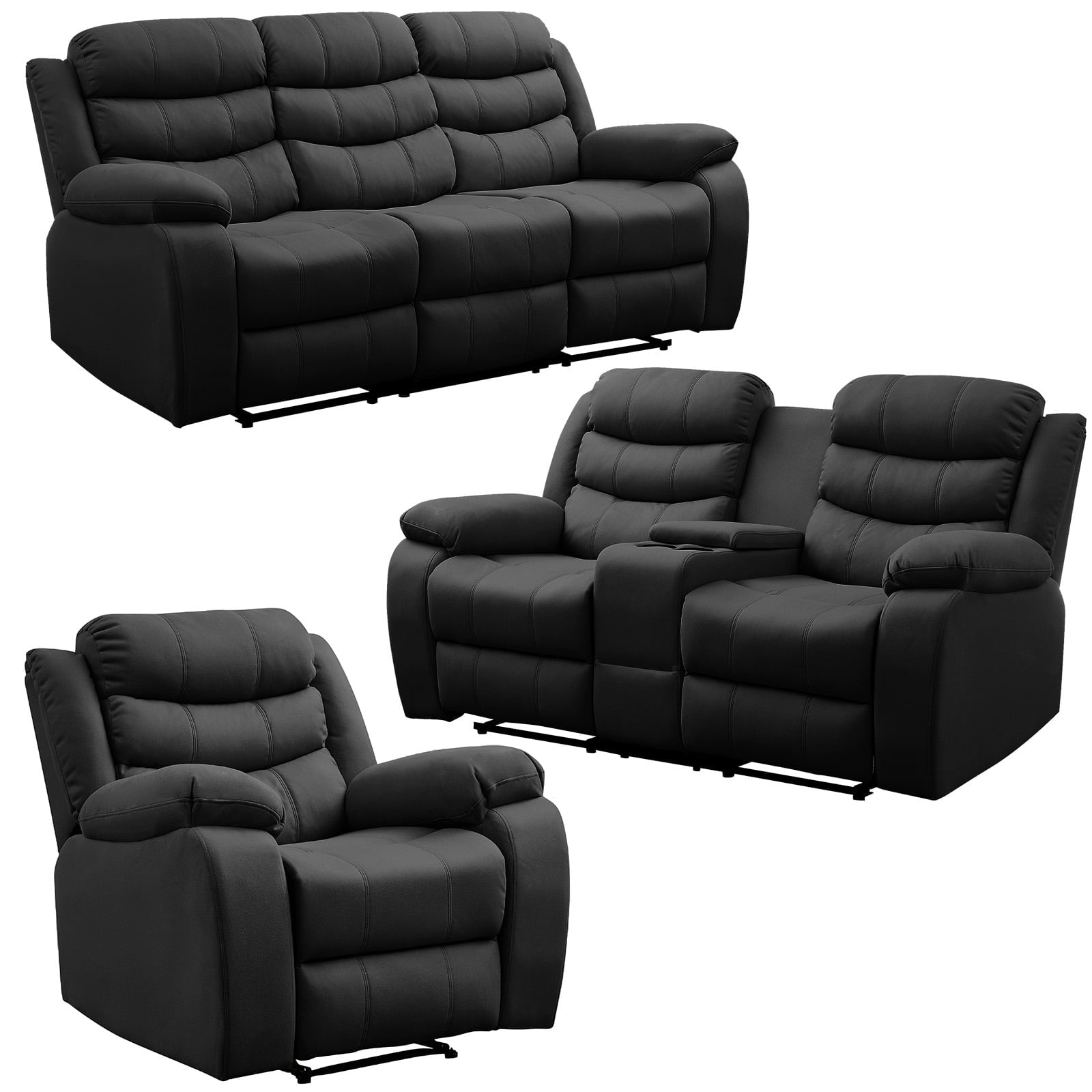 Mjkone 3 Piece Recliner Sofa Set, Manual Recliner Sets with Cup Holders ...
