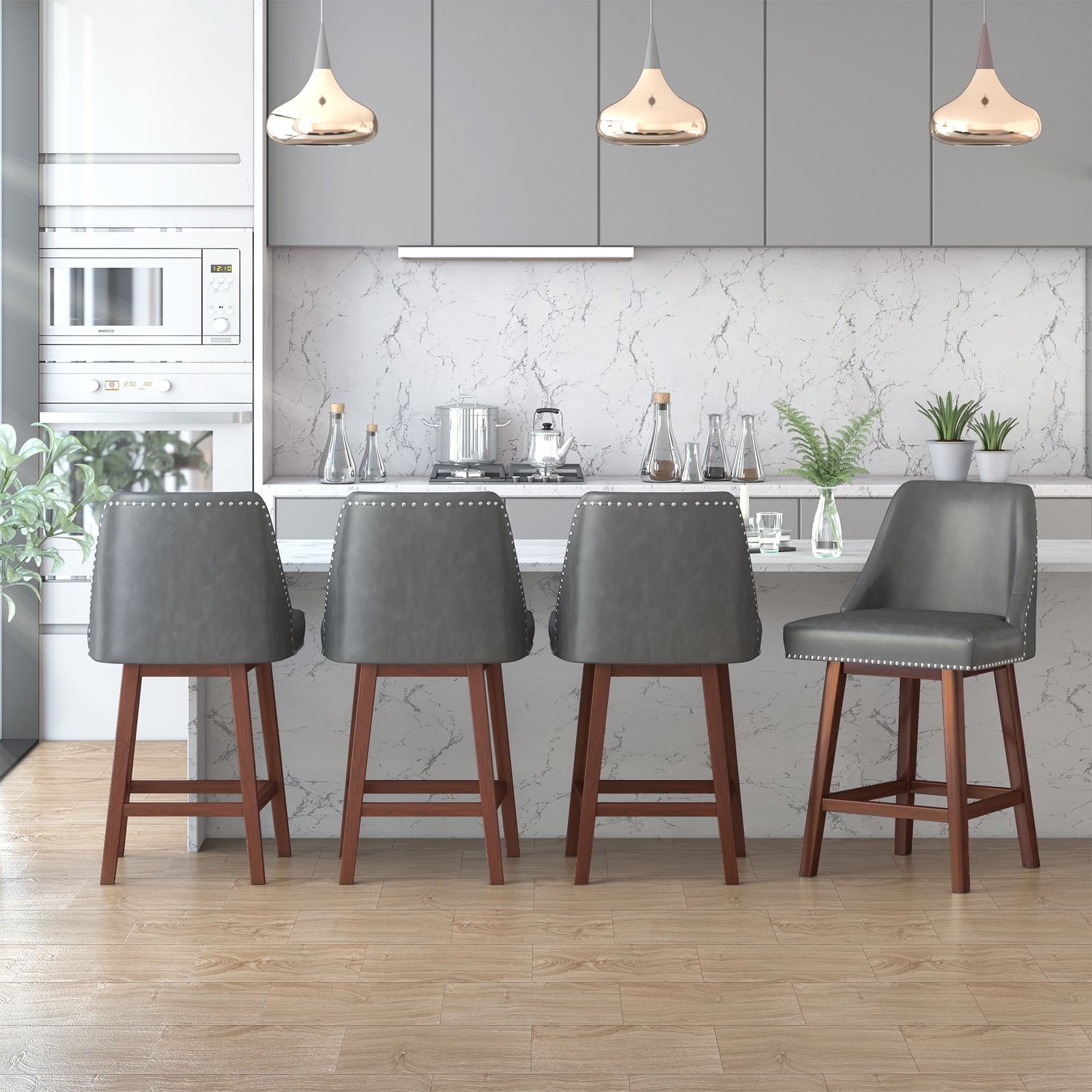 Mjkone Modern 360° Swivel Bar Stools, Faux Leather with Nailhead Trim ...