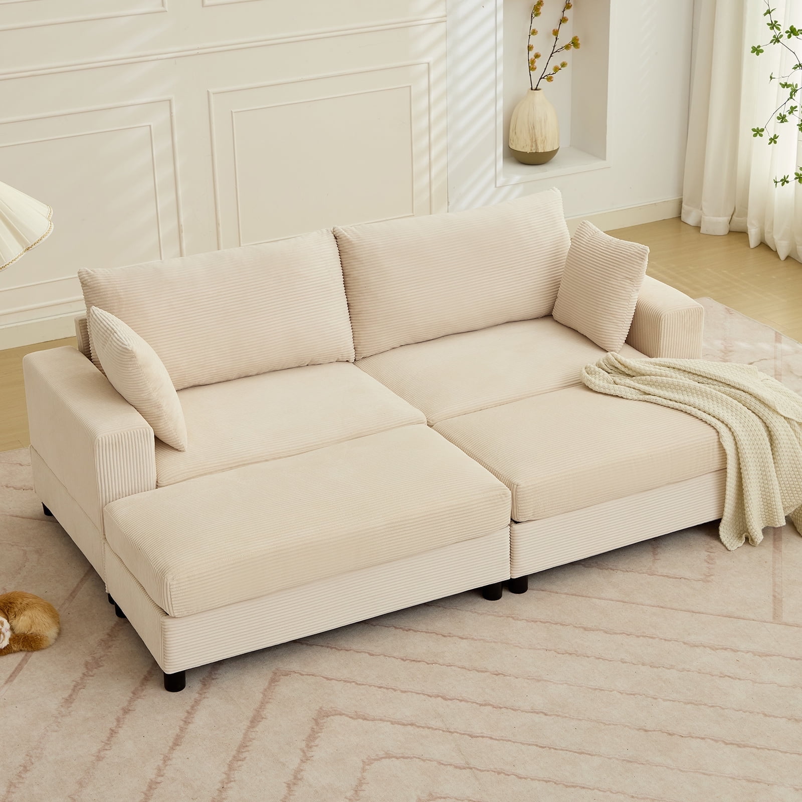 Mjkone 85”Sectional Sofa with Ottoman,2-Seater Oversized Corduroy Couch ...