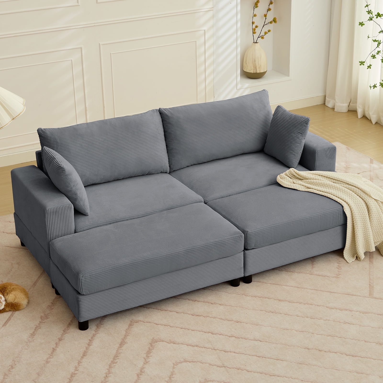 Mjkone 85”Sectional Sofa with Ottoman,2-Seater Oversized Corduroy Couch ...
