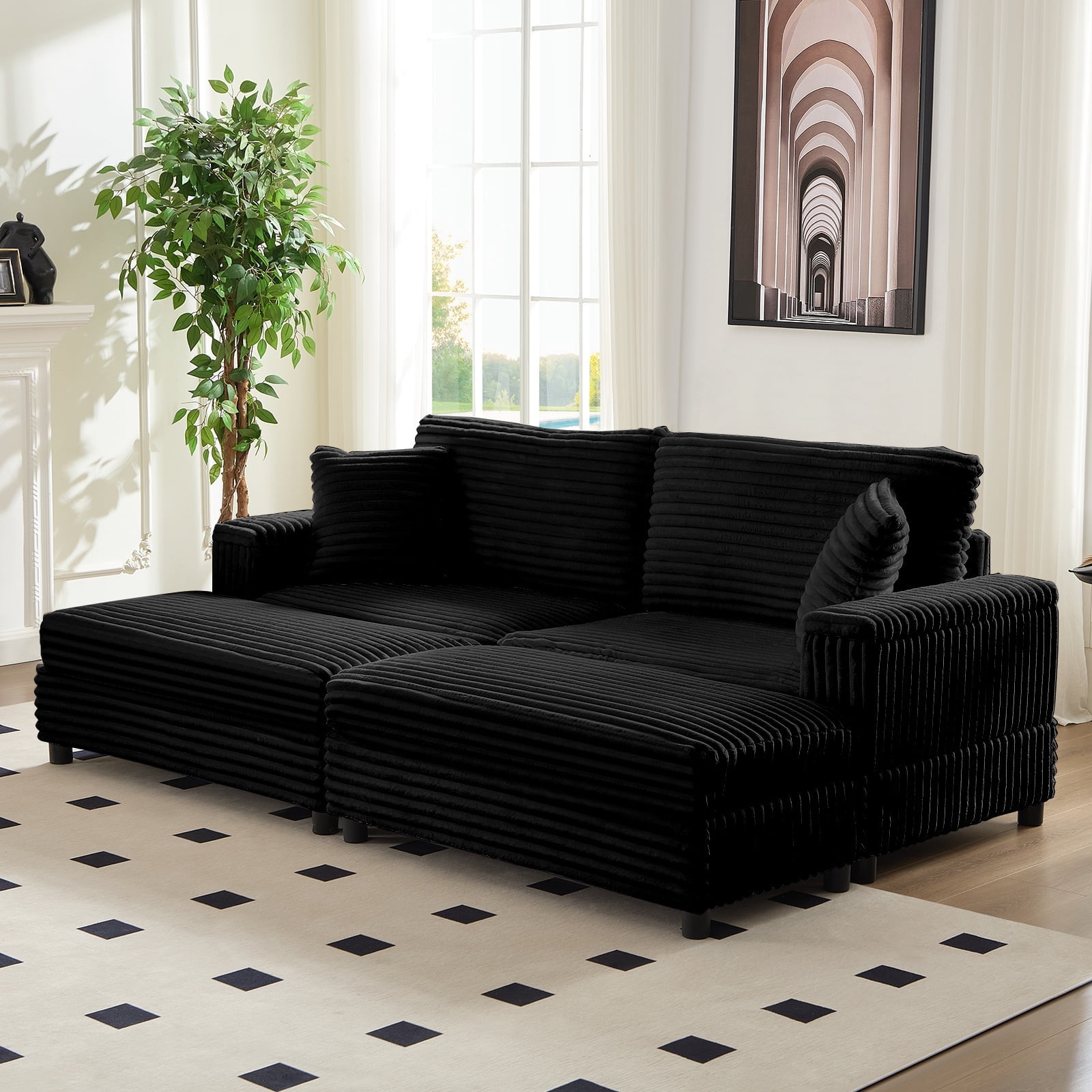 Mjkone 85’’ Loveseat Sectional Sofa with 2 Ottoman,Corduroy Deep Seat ...