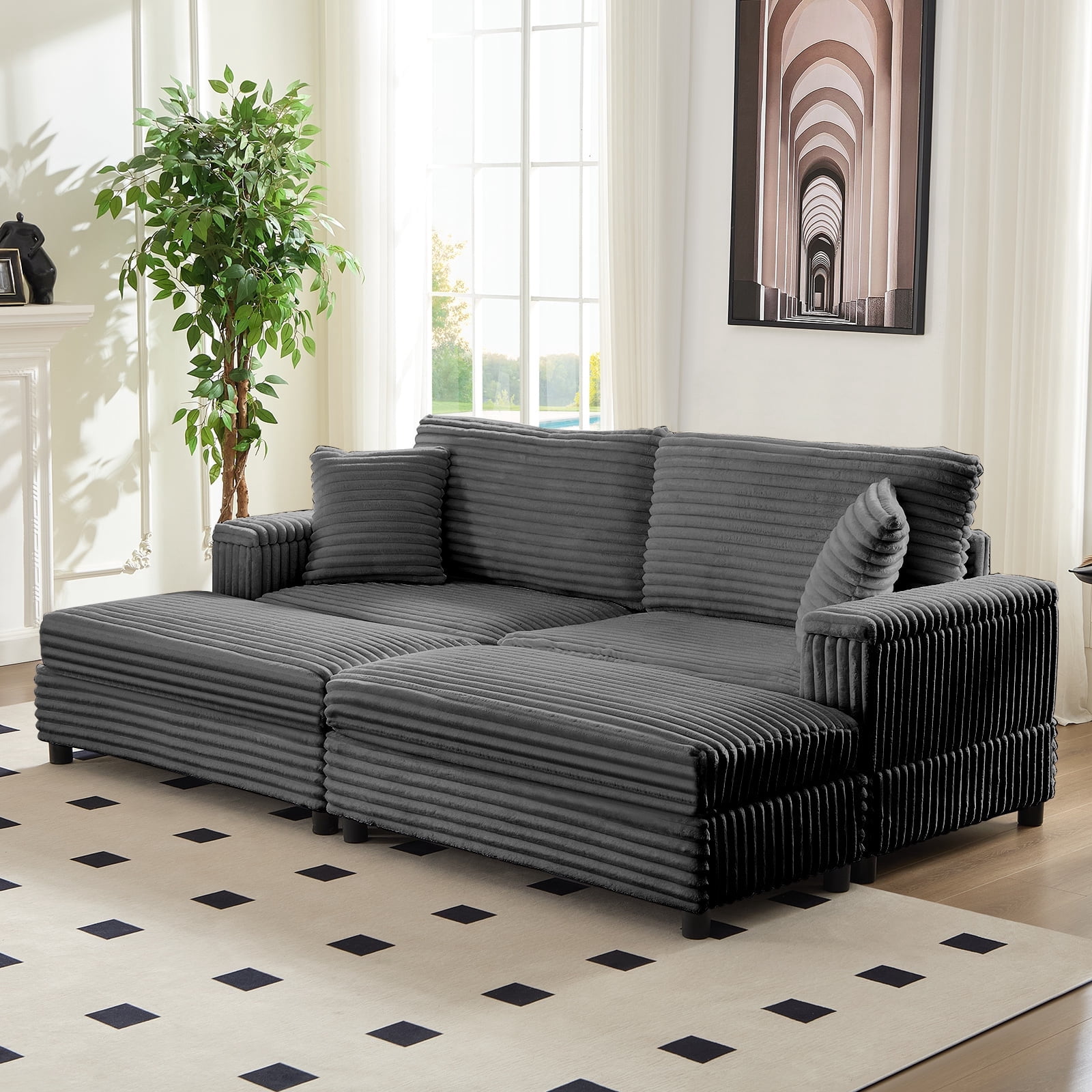 Mjkone 85” Sectional Sofa with Ottoman,Oversized Corduroy Couch ,Deep ...