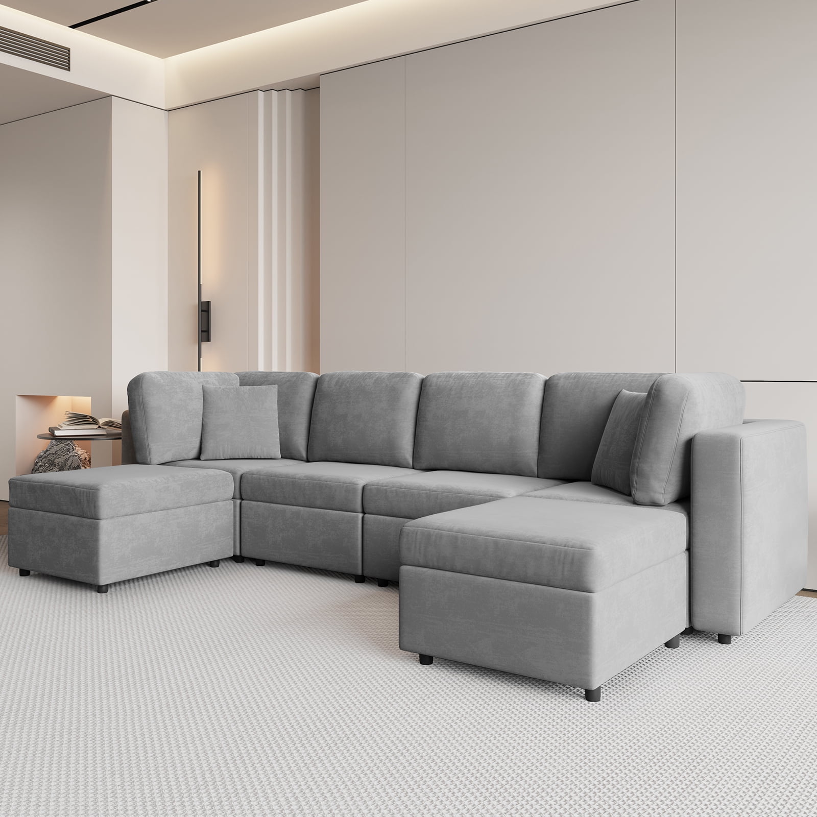 Mjkone Convertible U/L Shaped Sectional Sofa with Movable Ottoman, 6 ...