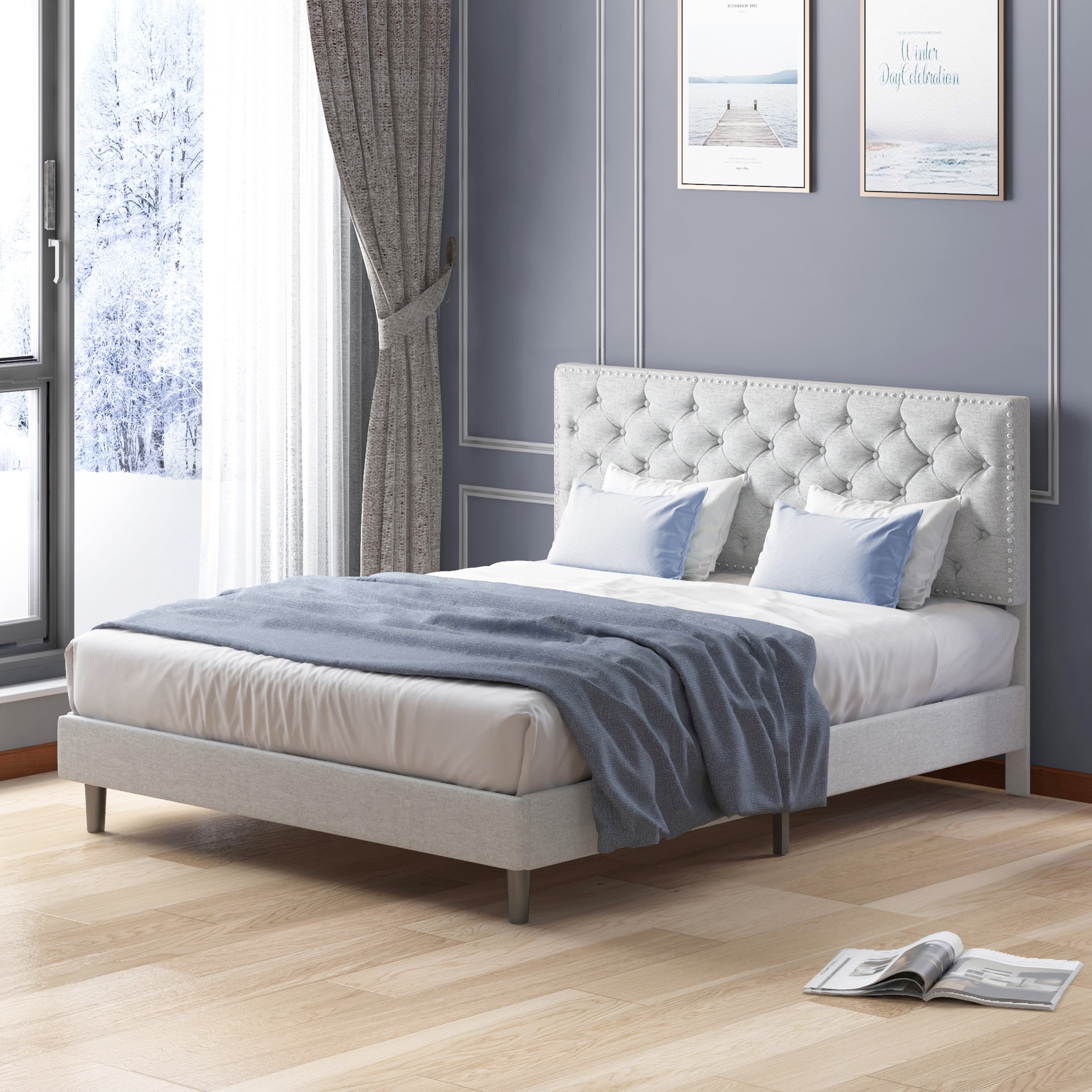 Mjkone Upholstered King Size Platform Bed Frame with Luxury Headboard ...