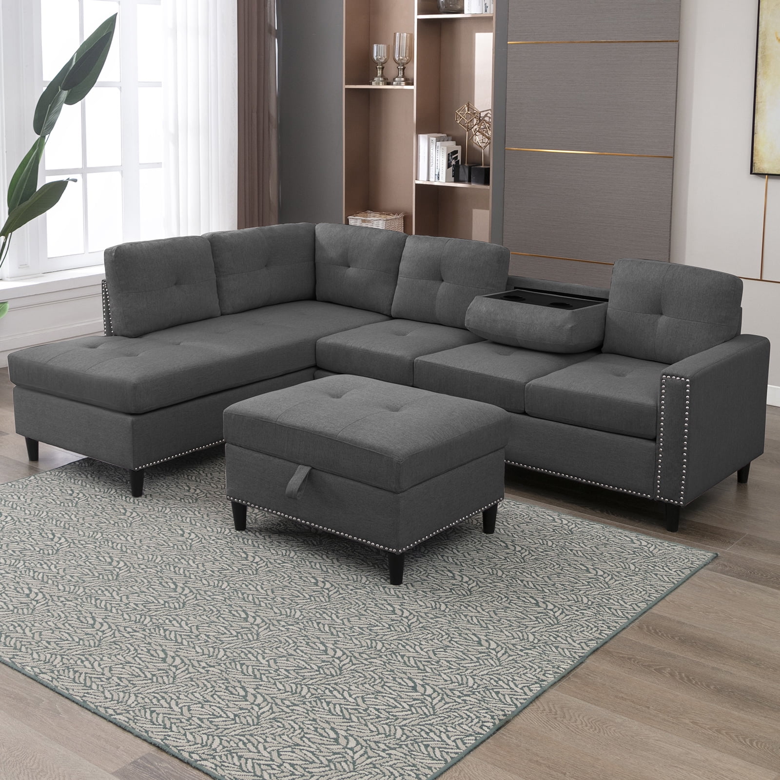 Mjkone L Shaped Sofa with Right Chaise, Ottoman, Rivet Trim ...
