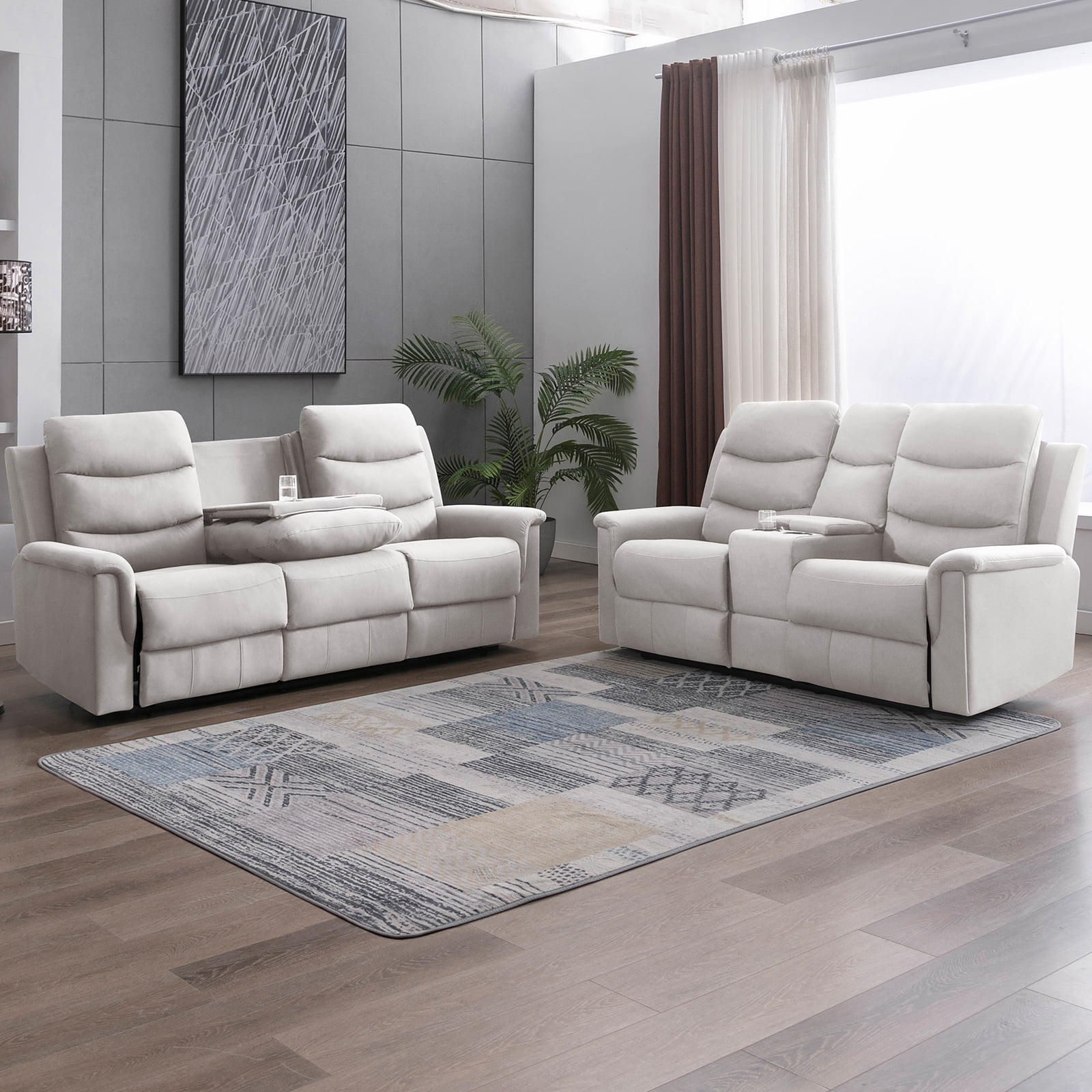 Mjkone Reclining Sofa and Loveseat Set, Manual Recliner Set with Cup ...
