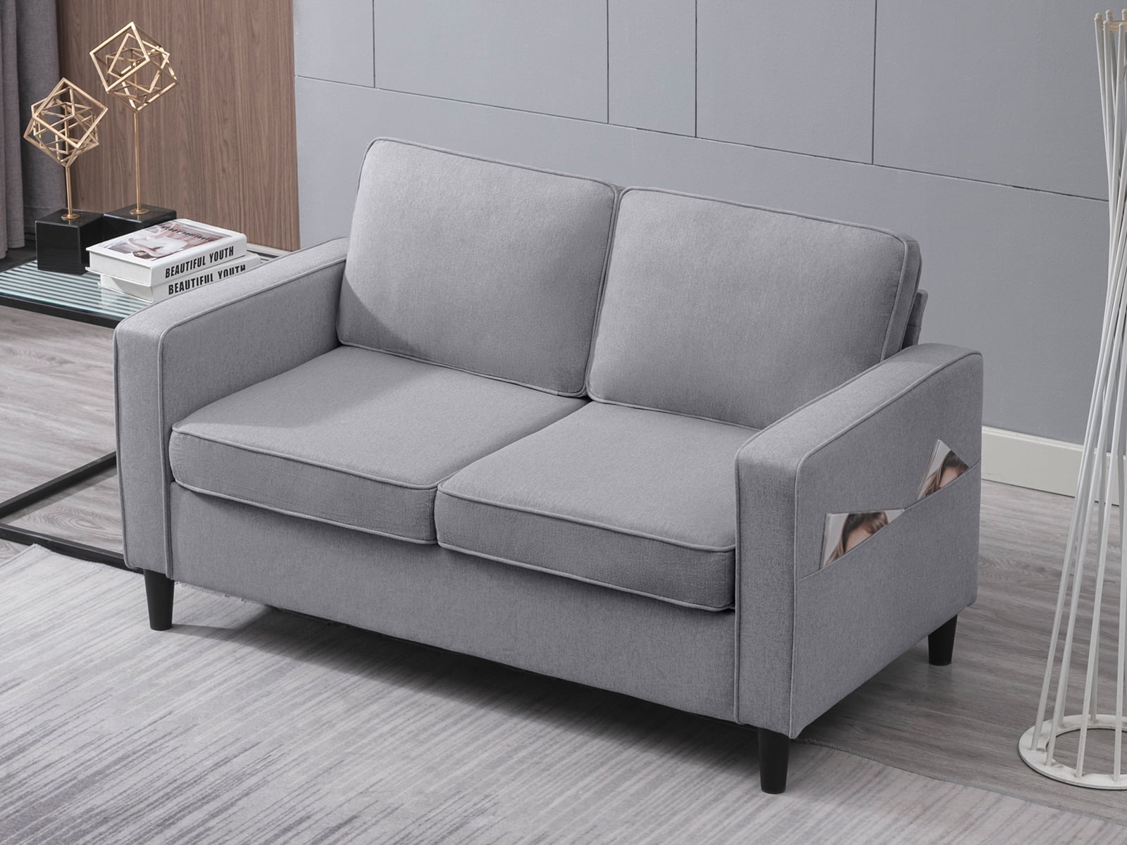 Mjkone Modern Linen Loveseat Sofa Couch with Side Pocket for Apartment ...