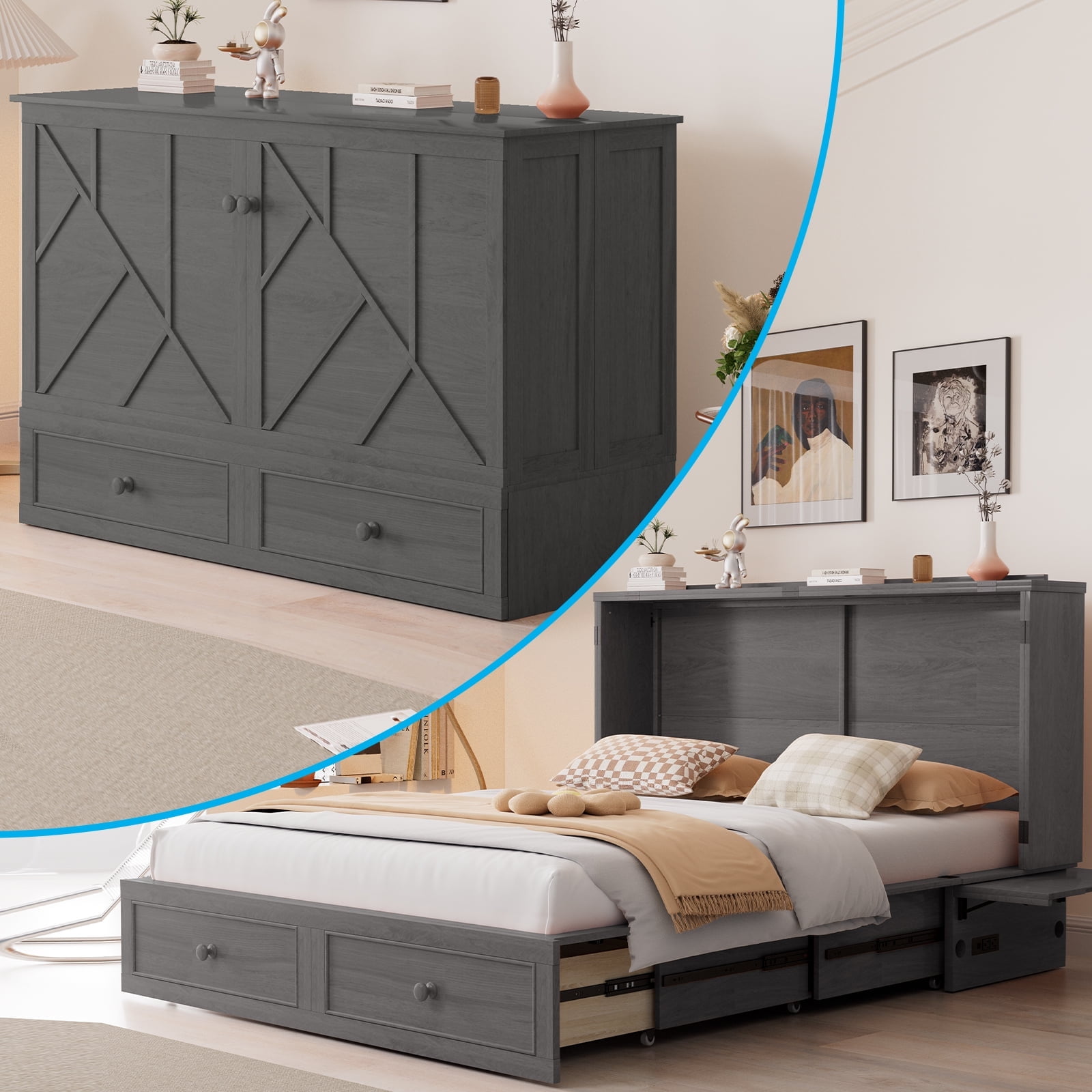 Mjkone Murphy Bed Cabinet with USB Charging Station, Cube Cabinet Bed ...
