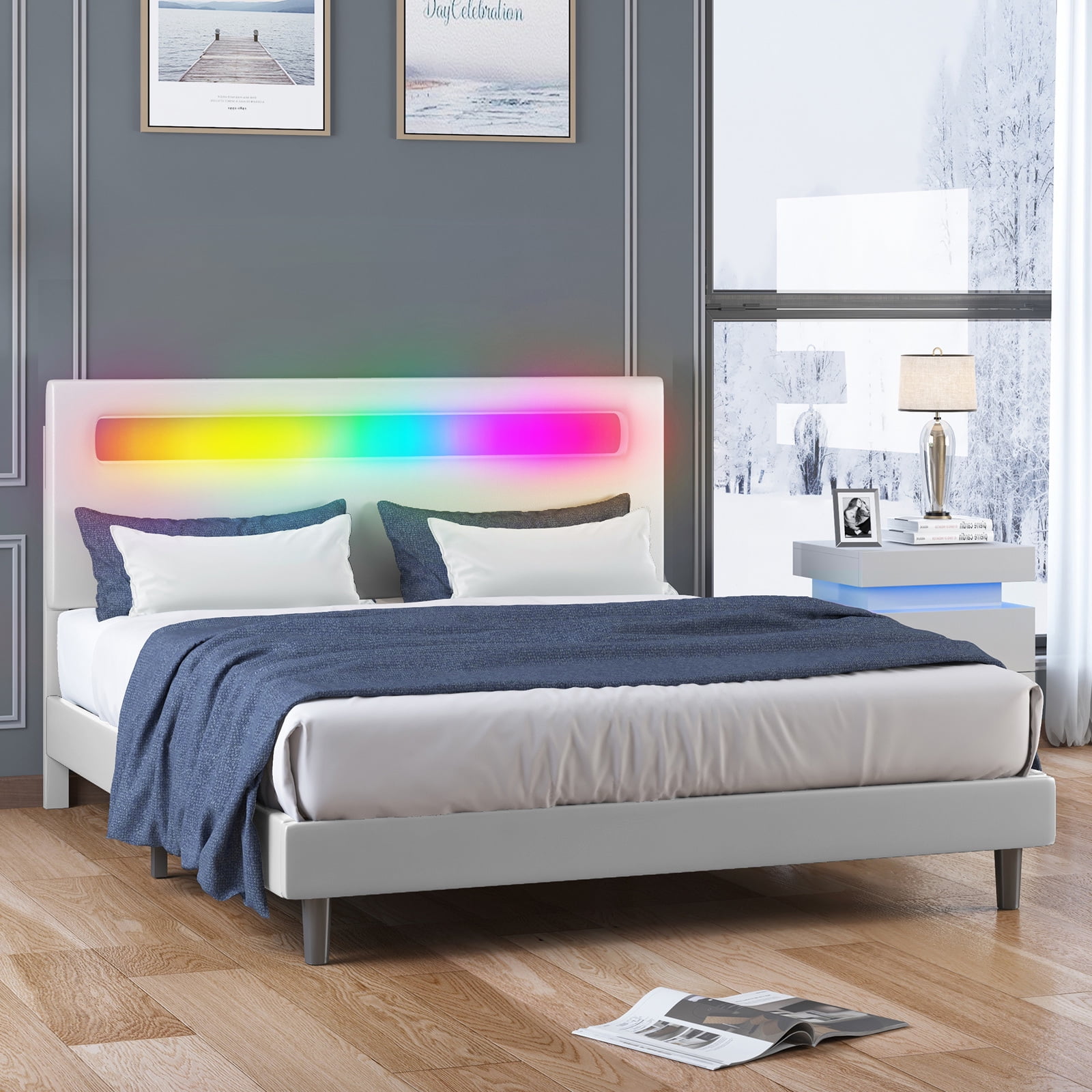 Mjkone Full Size Platform Bed Frame with Smart RGB LED Strip Light ...