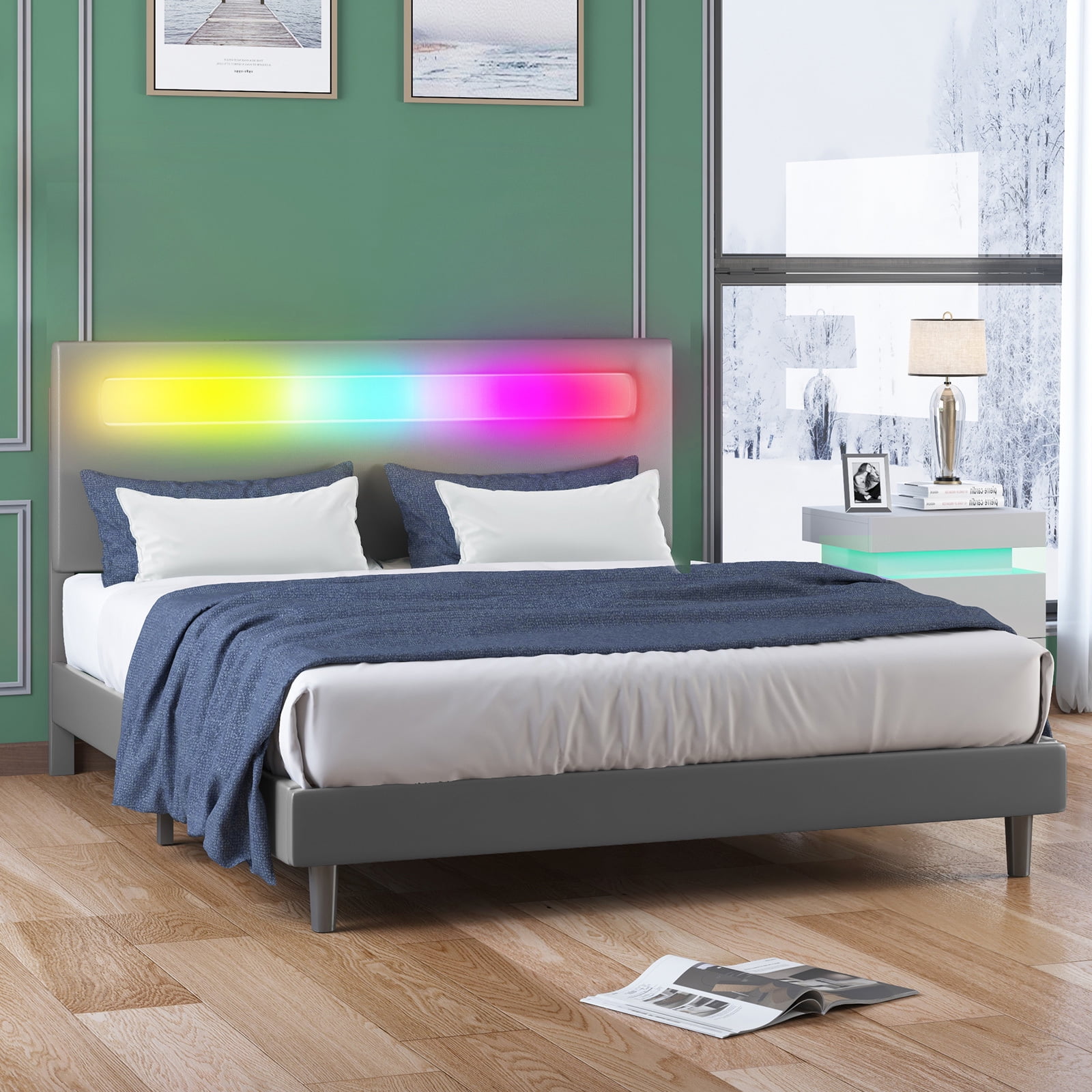 Mjkone Platform Bed Frame with Smart LED Strip Light, Queen Size Bed ...
