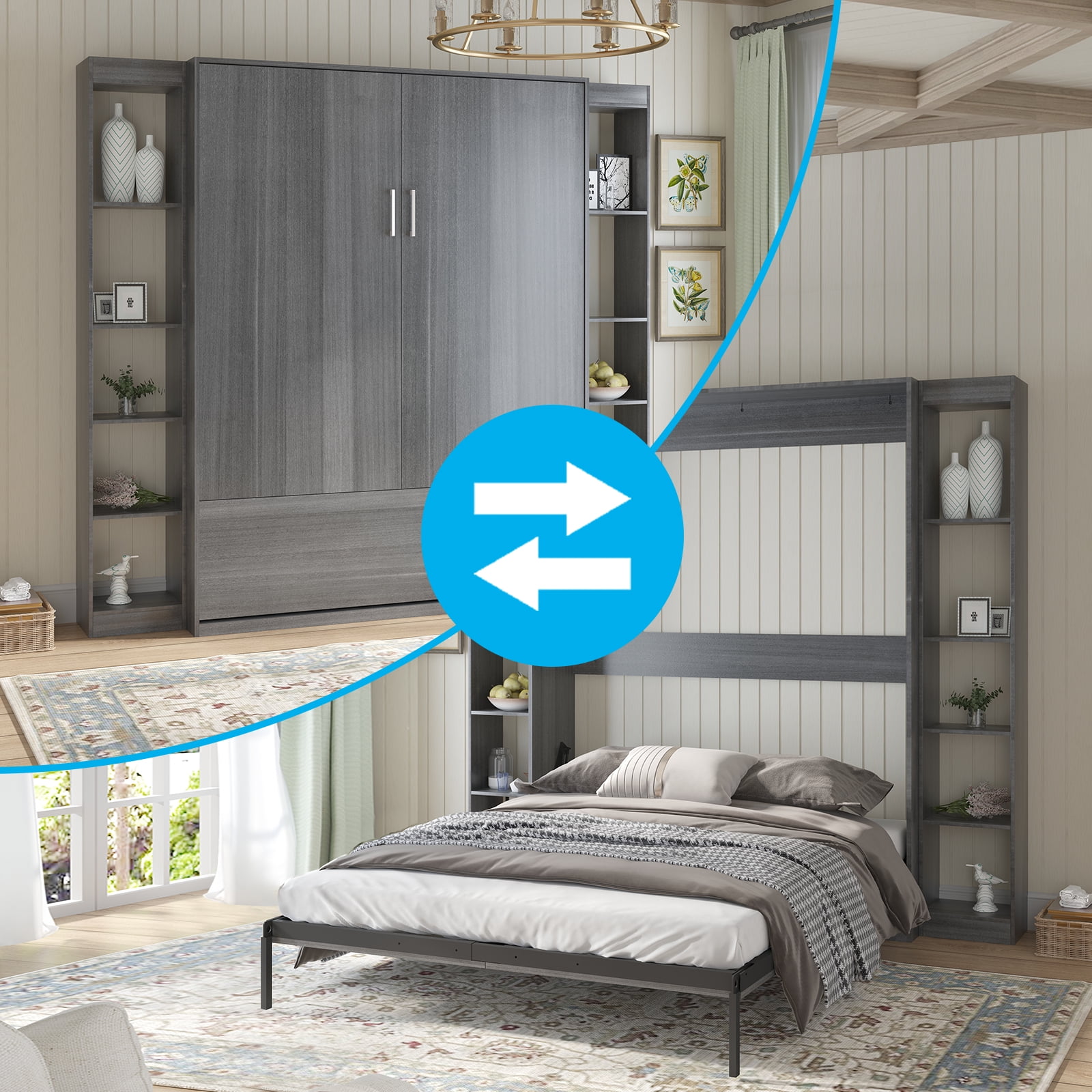 Mjkone Queen Foldable Murphy Wall Bed with 2 Side Cabinets ,Multipurpose Cabinet Murphy Bed with ...