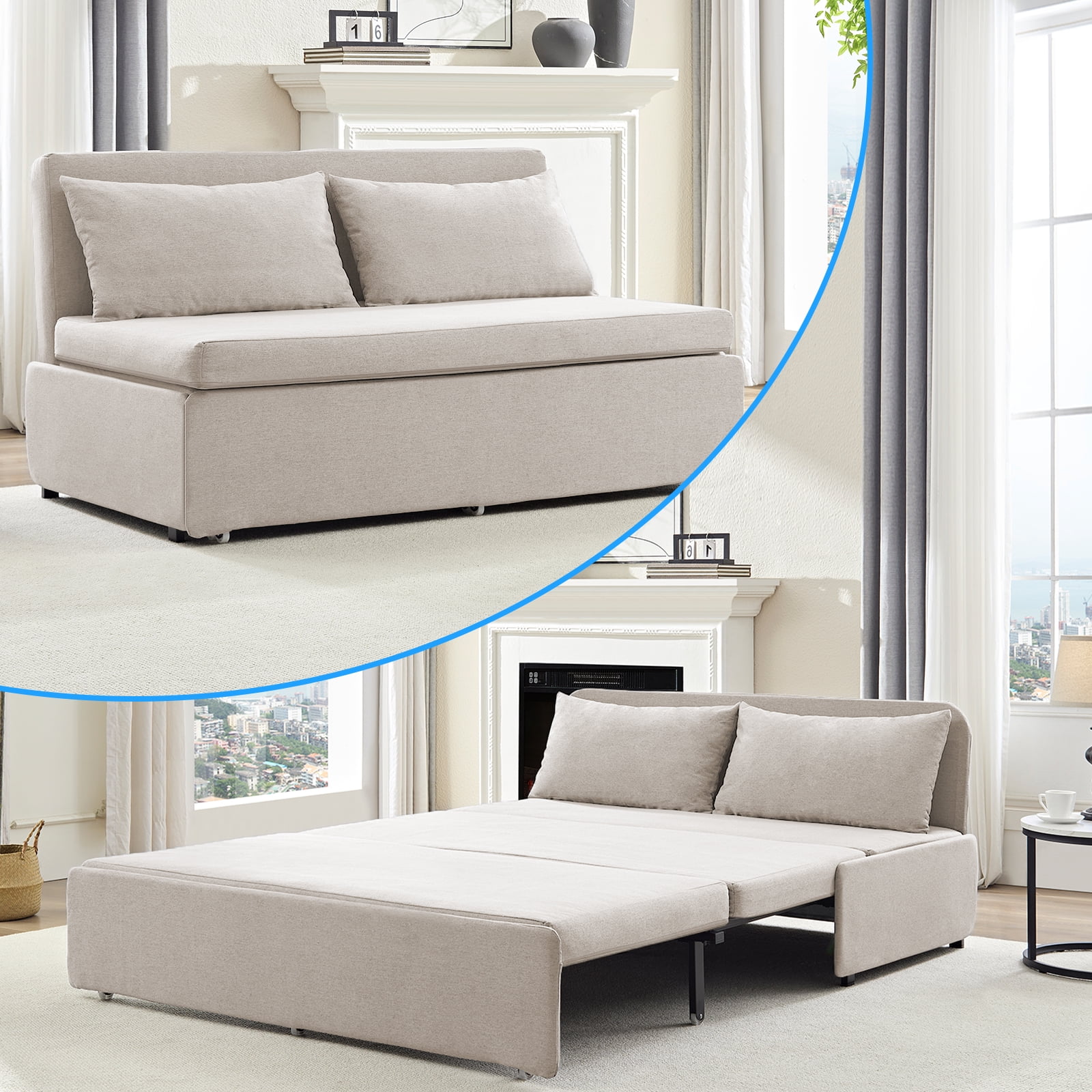 Mjkone Queen Sleeper Sofa Bed,62"Pull Out Bed with Cushions & Throw ...
