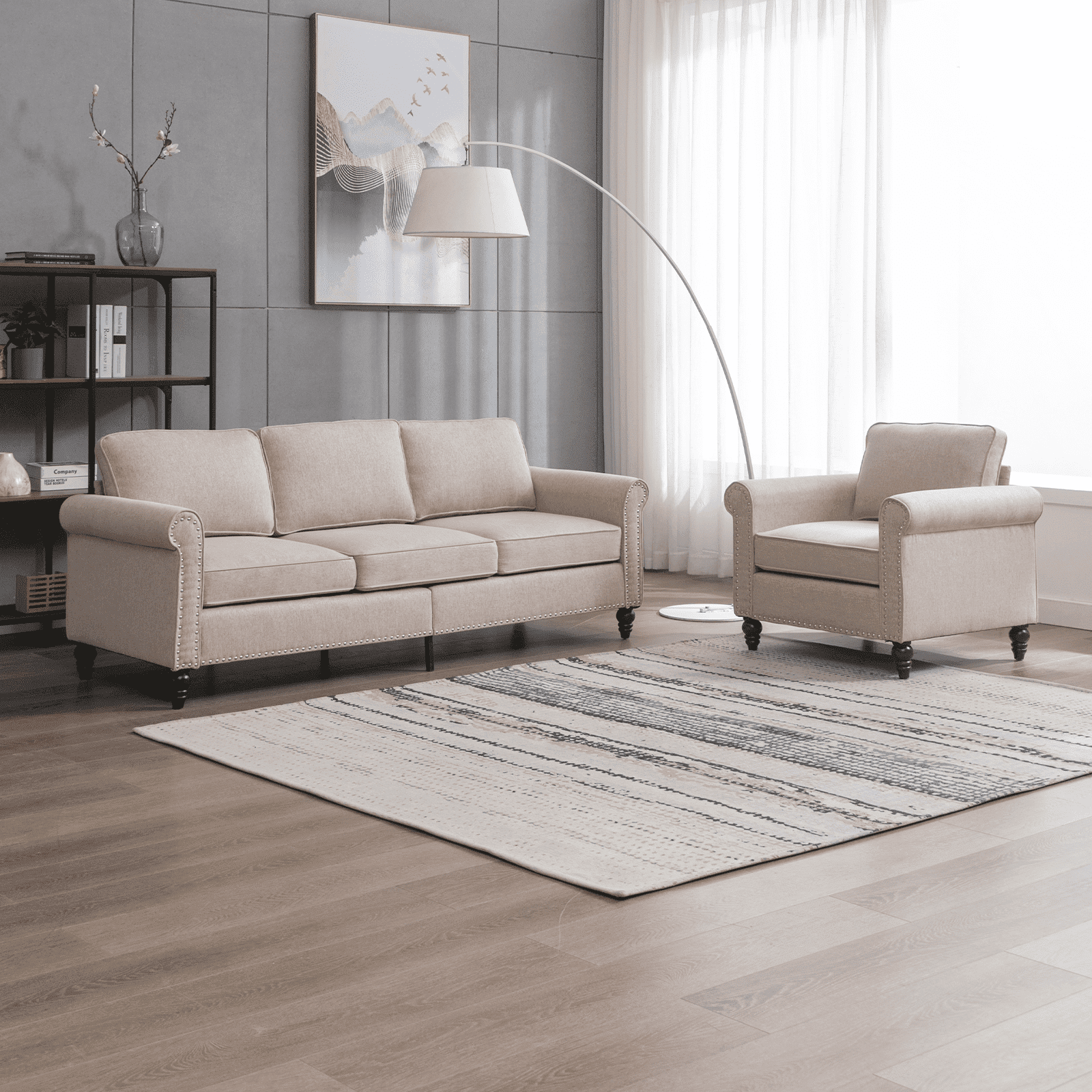 Mjkone Beige Soft Fabric 2-Piece Sofa Set, Includes Three-Seater and ...