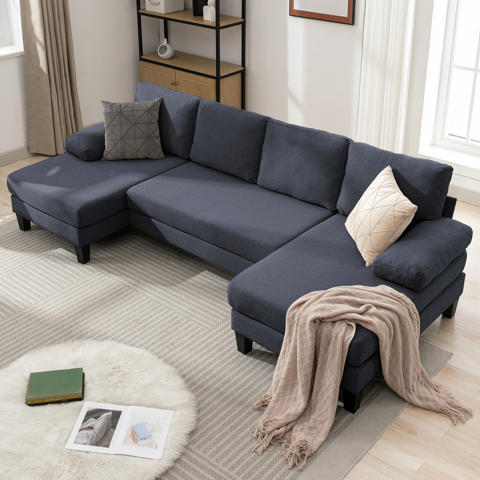 86" Gray Fabric Sleeper Sectional Sofa Chaise with USB Charger and ...